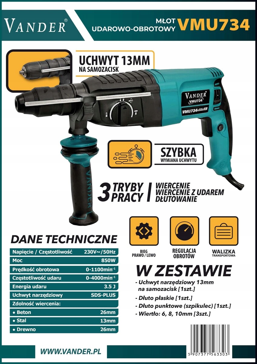 Młot udarowy SDS Plus sieciowe Vander 3,5 J 850 W 230 V (5907377563303 ...