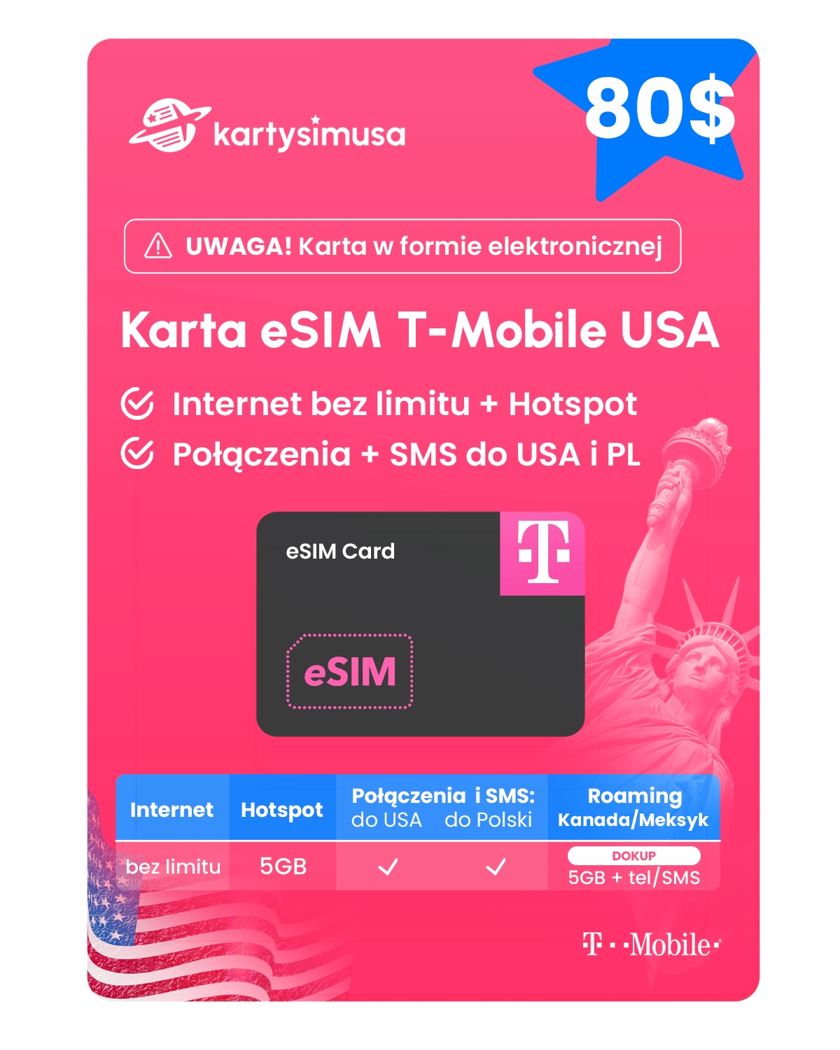 Karta eSIM SIM T-Mobile USA 75$ bez limitu+PL - Sklep, Opinie, Cena w ...
