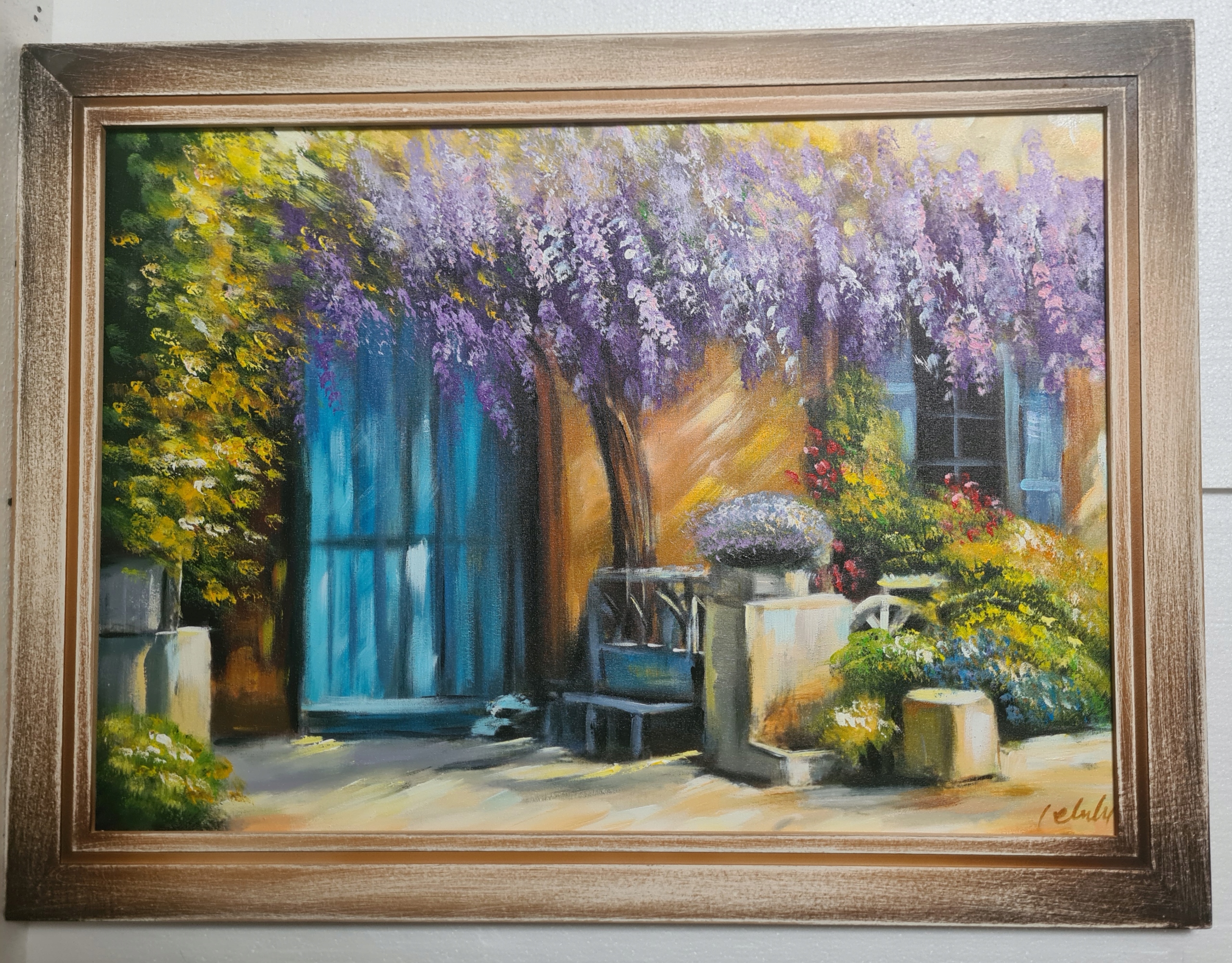 OBRAZ OLEJNY RĘCZNIE MALOWANY PEJZAŻ WERANDA WISTERIA 60x80 • Cena ...