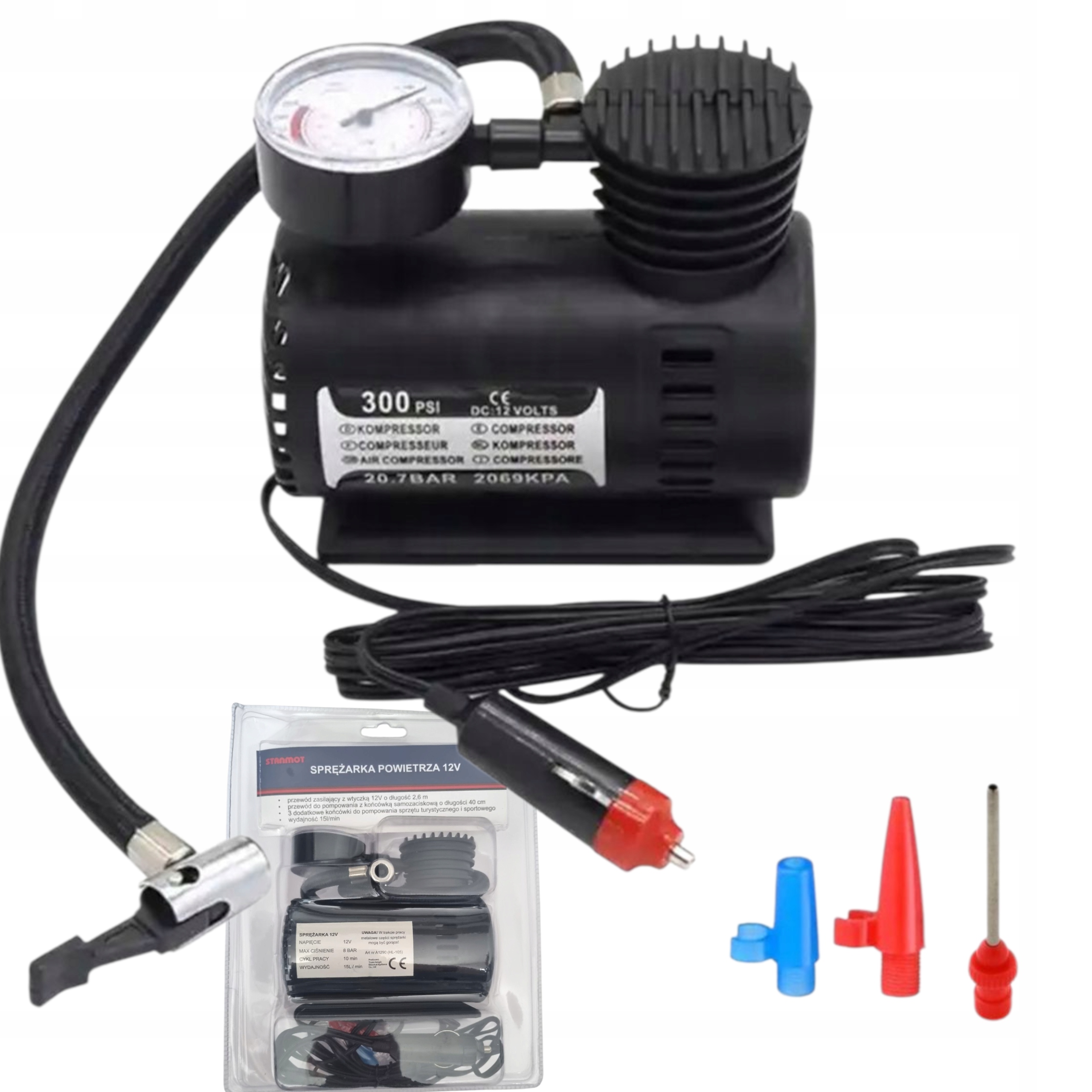 MINI KOMPRESOR SPRĘŻARKA POMPKA SAMOCHODOWA 12V DO SAMOCHODU MANOMETR ...