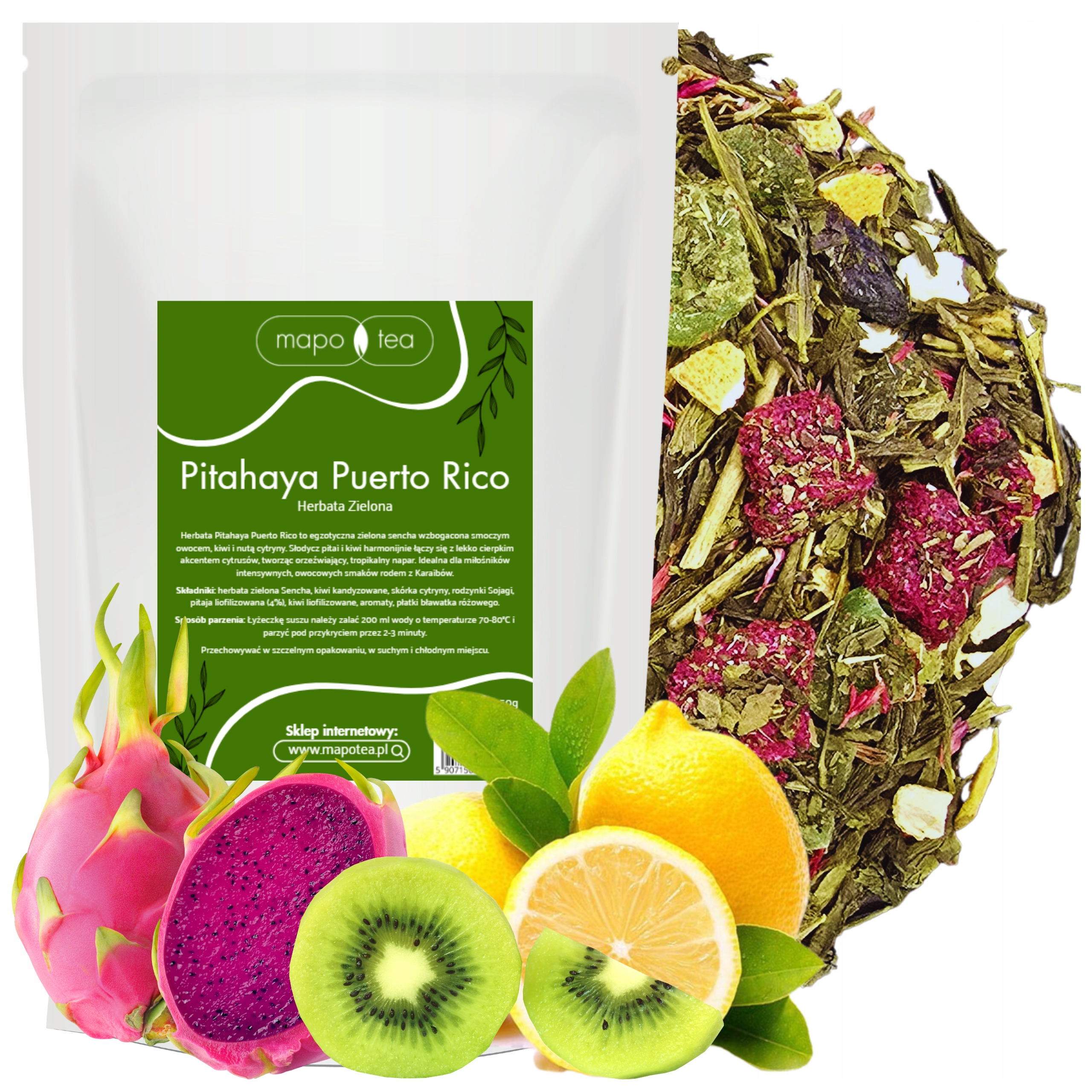 Zöld Tea Levél Pitahaya Puerto Rico Sárkánygyümölcs Kiwi Citrom 50G ...