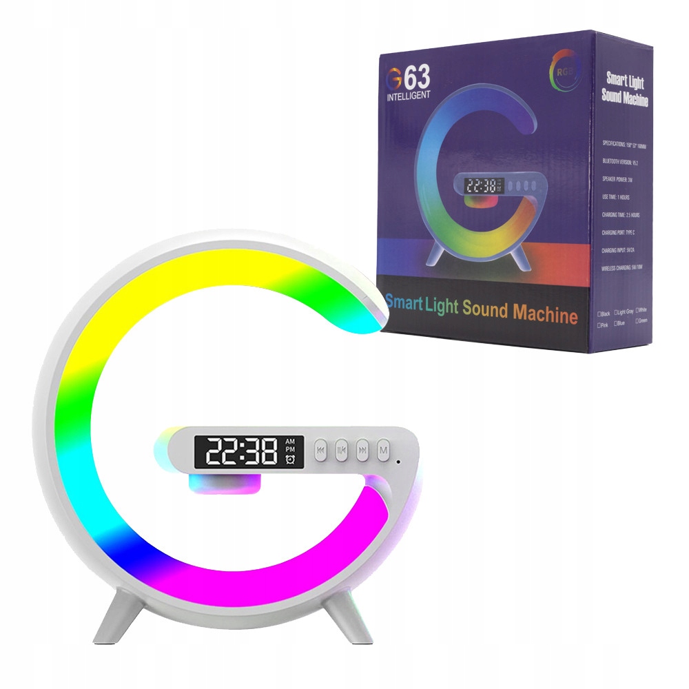 ECOBOX LAMPKA NOCNA LED ŁADOWARKA INDUKCYJNA QI GŁOŚNIK ZEGAR BUDZIK ...