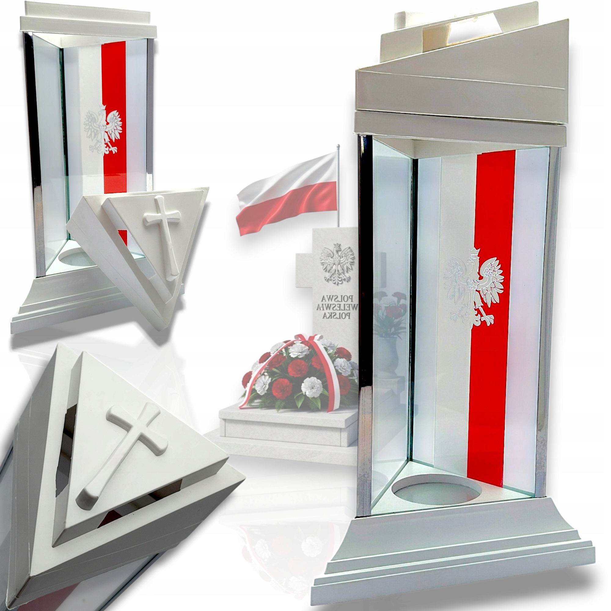 ZNICZ BIAŁY SZKLANY TRÓJKĄTNY PATRIOTYCZNY KAPLICZKA Z GODŁEM FLAGA ...