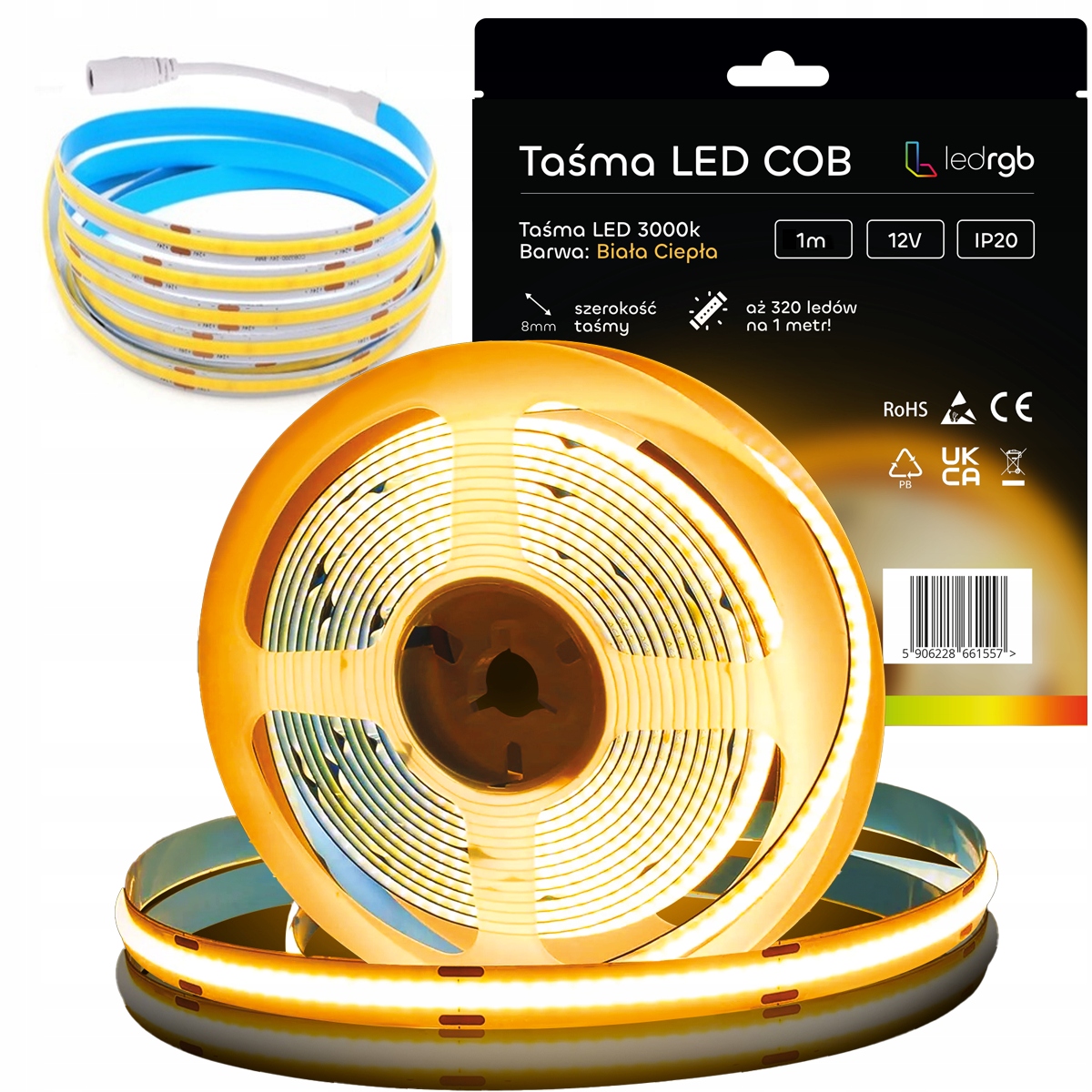 Taśma LED Neon COB 12V 1m 320 diod 3000K BIAŁA CIEPŁA HOMOGENICZNA 8MM ...