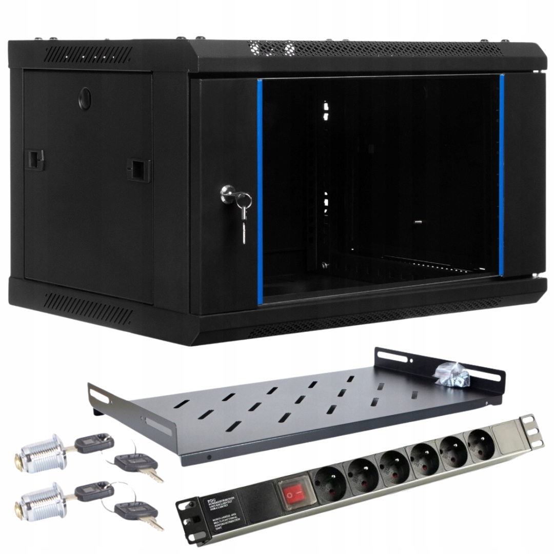 Szafa RACK 6U 600x450 WISZĄCA 19 cali + półka + listwa zasilająca ...