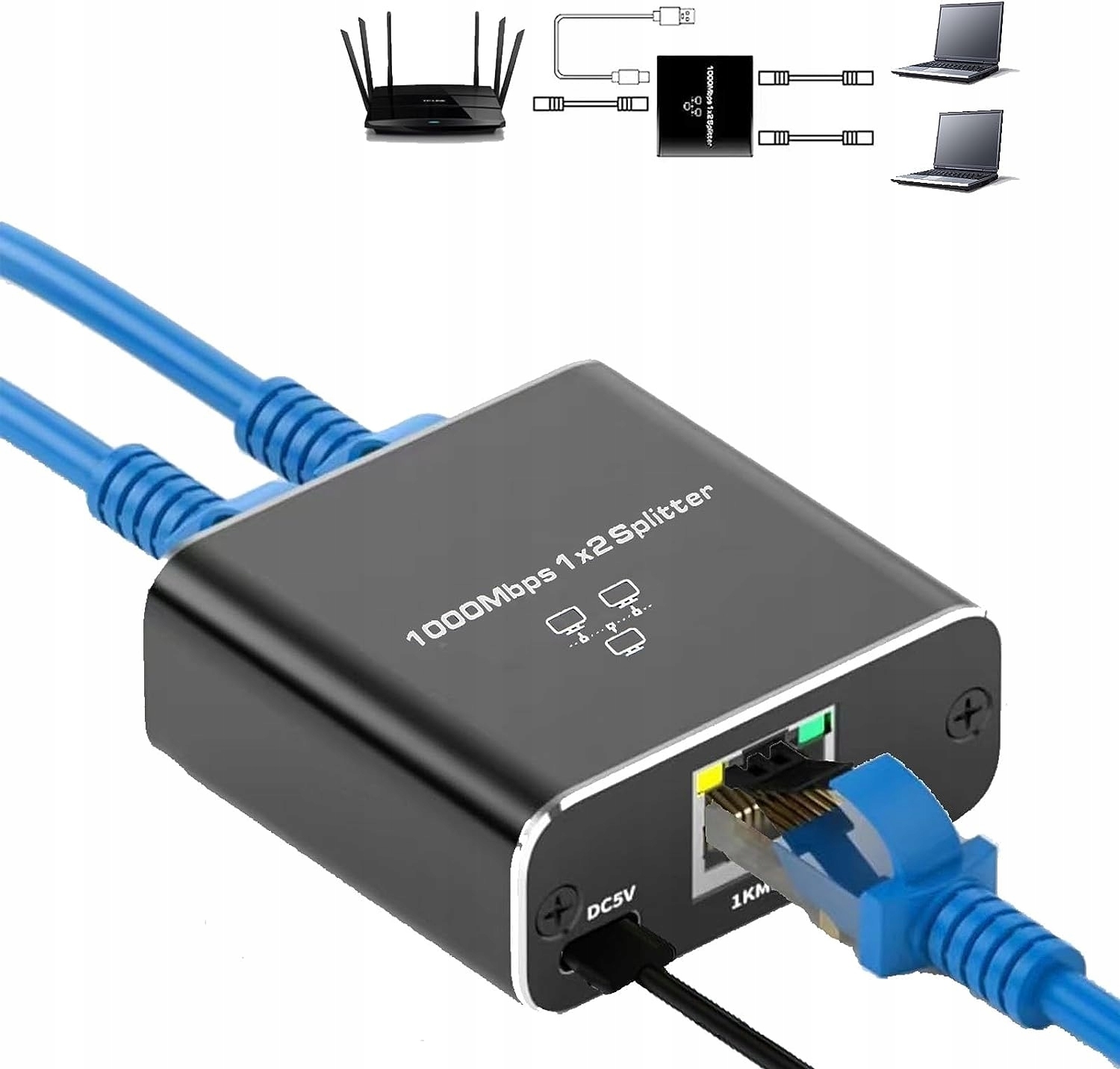 SPLITTER LAN 1x2 ADAPTER ROZDZIELACZ SWITCH 2xRJ45 ETHERNET 1000Mb ...