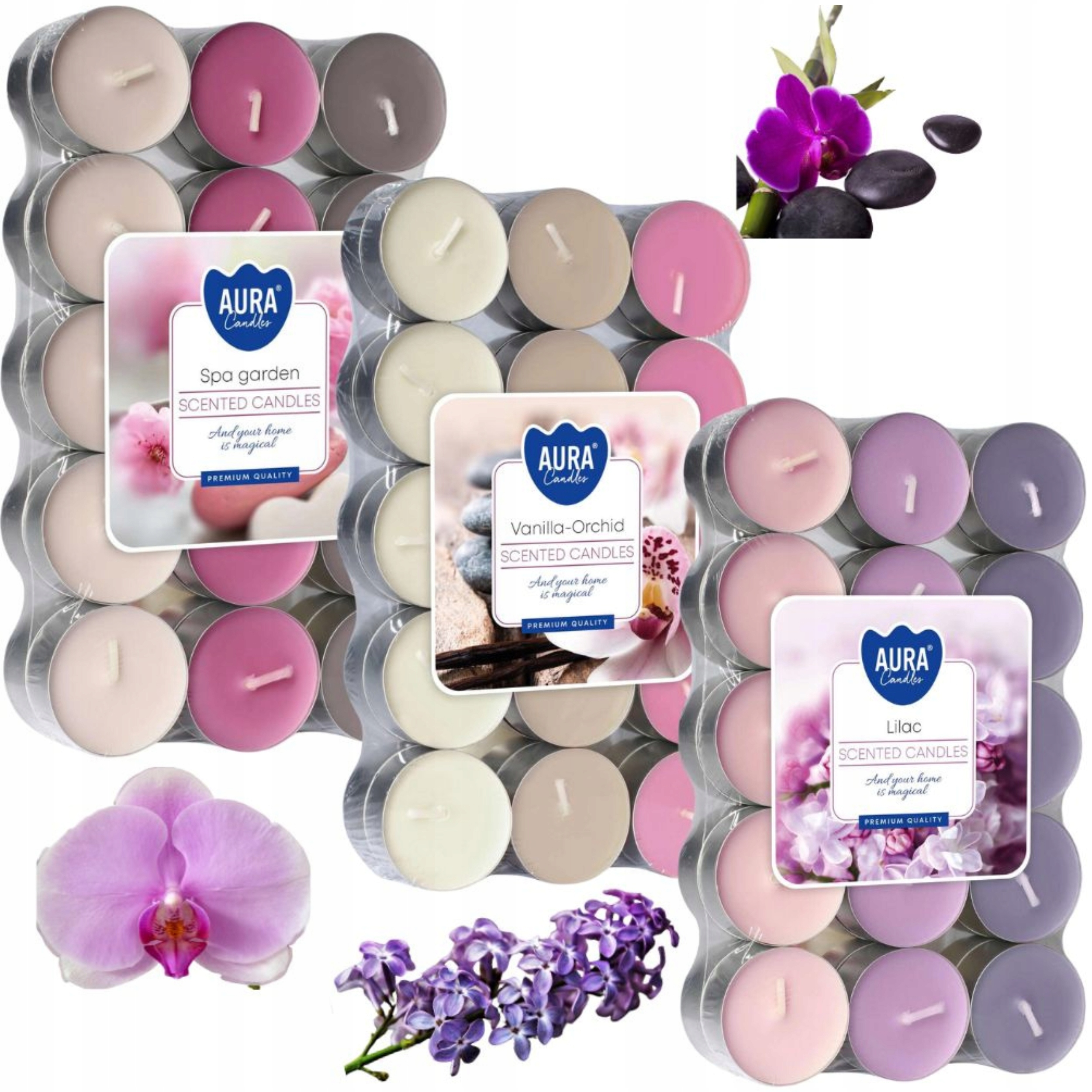 Świeca tealight parafinowa Lilia Ogród SPA wanilia orchidea Aura 90 szt ...