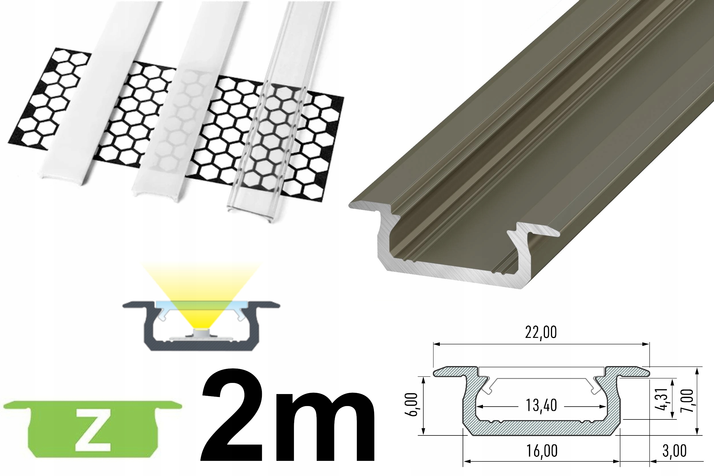 PROFIL DO TAŚM LED WPUSZCZANY Z 2M INOX BRĄZ + KLOSZ (PROFIL DO TAŚM ...