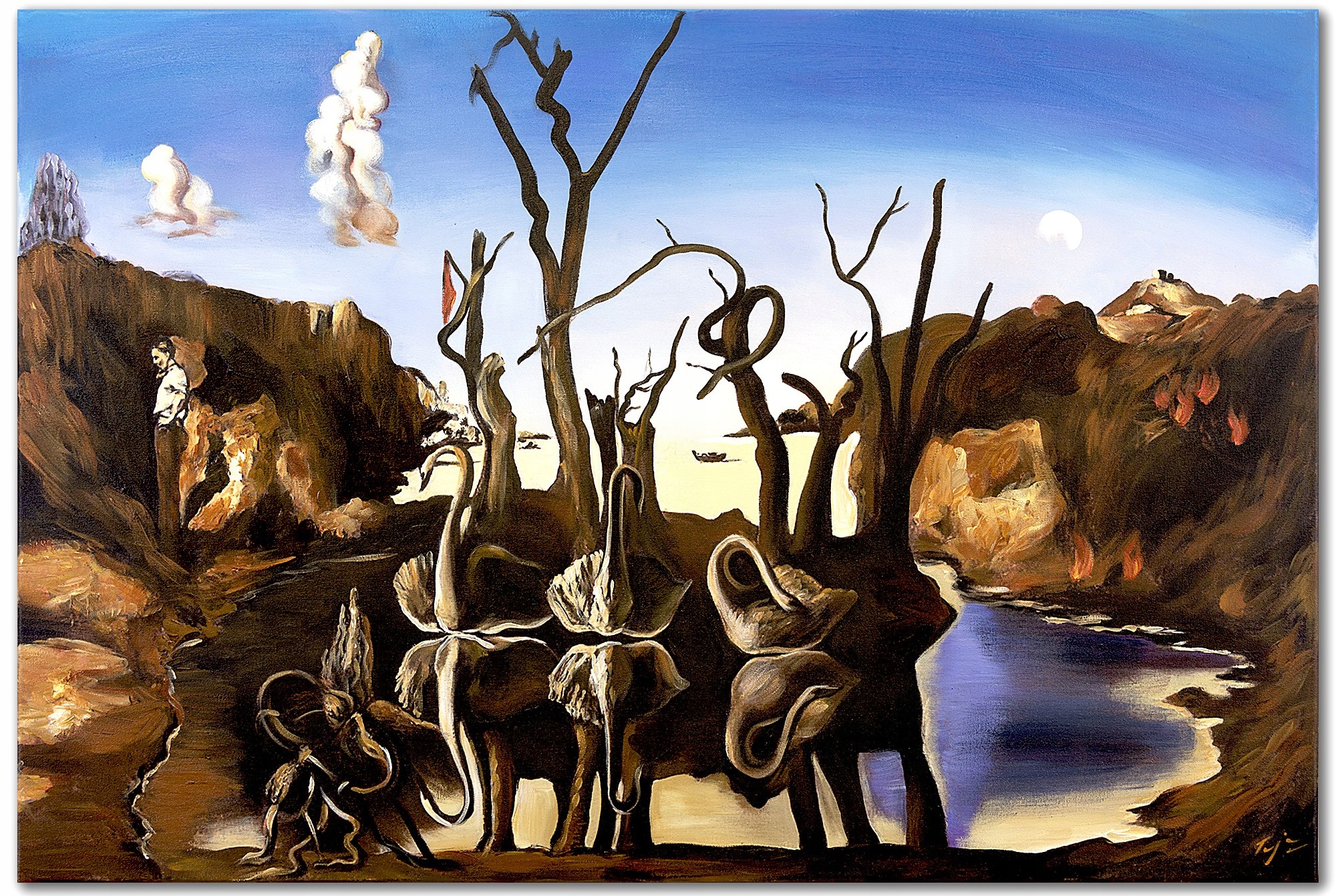 OBRAZ OLEJNY RĘCZNIE MALOWANY ŁABĘDZIE ODBIJAJĄCE ... SALVADOR DALI ...