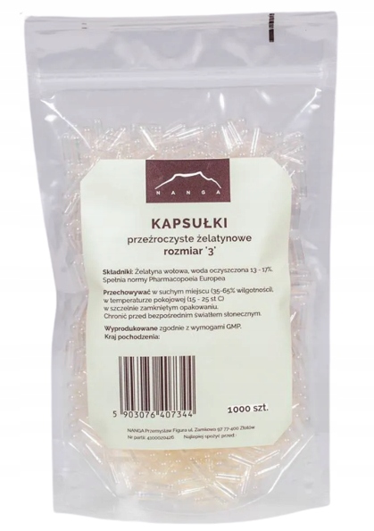 PUSTE KAPSUŁKI żelatynowe -1000 sztuk rozmiar 3 NANGA 13523163428 ... PUSTE KAPSUŁKI żelatynowe -1000 sztuk rozmiar 3 NANGA 13523163428 ...