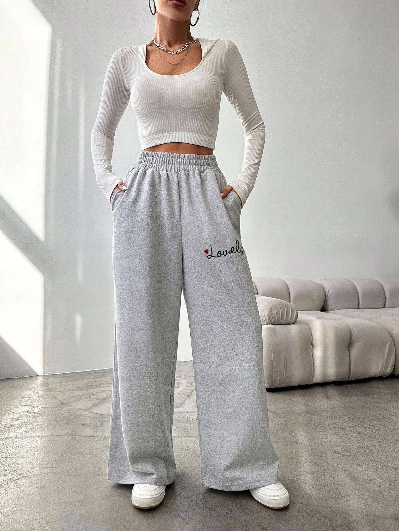 SZARE DŁUGIE SPODNIE DRESOWE SZEROKIE NOGAWKI MELANŻ HAFT NAPIS SHEIN ...