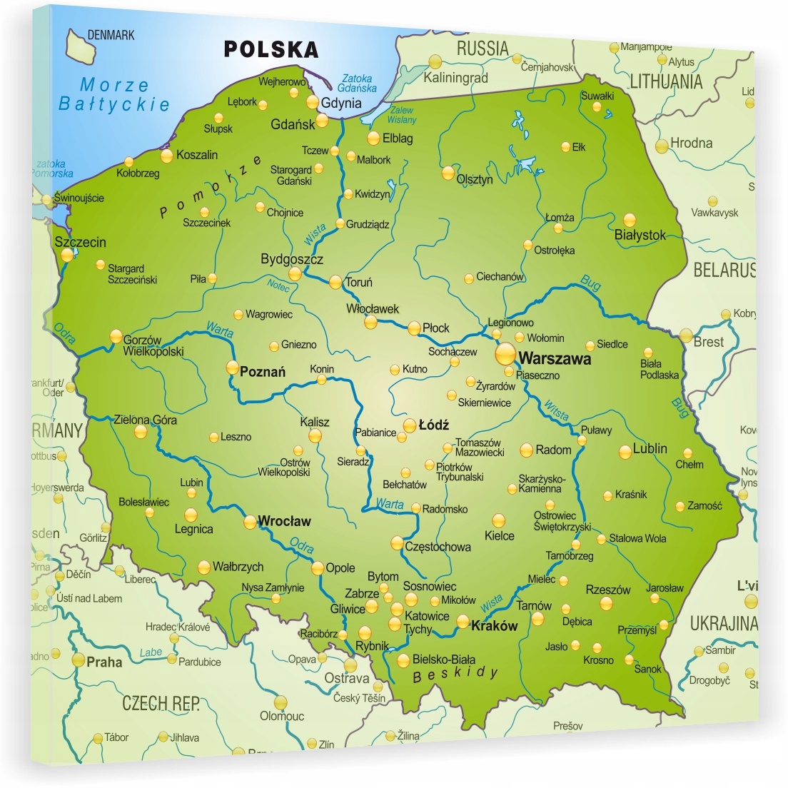 TABLICA KORKOWA OBRAZ ścienny MAPA POLSKI miasta województwa 60x60 ...
