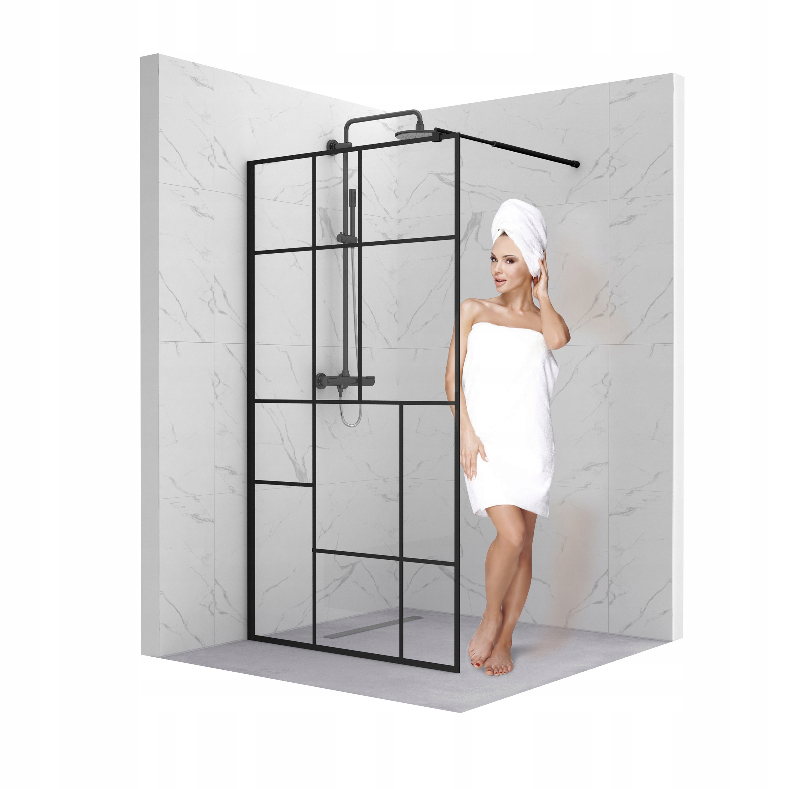 Ścianka szyba prysznicowa walk-in 90 CM czarna drzwi kabina szkło 8MM ...