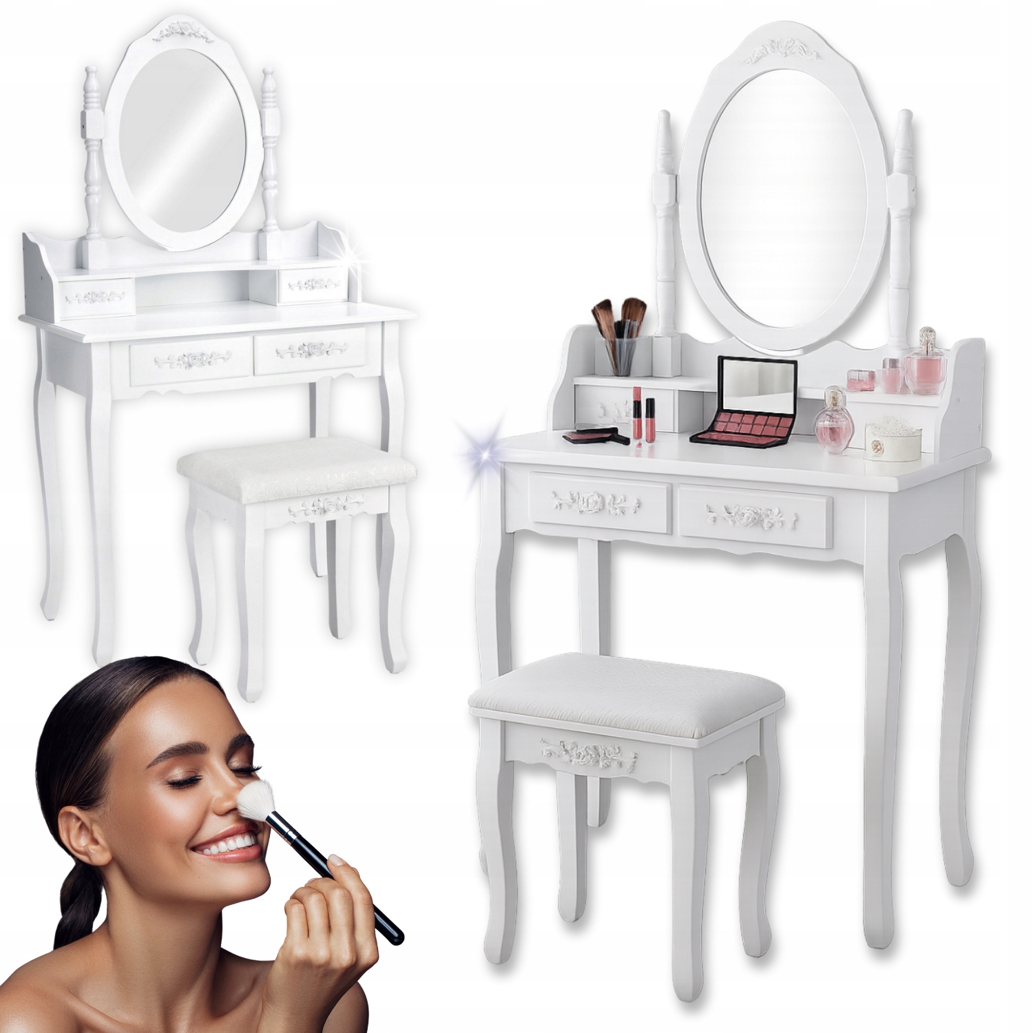 TOALETKA KOSMETYCZNA LUSTRO 4 SZUFLADY BIAŁA + TABORET DO MAKIJAŻU ...