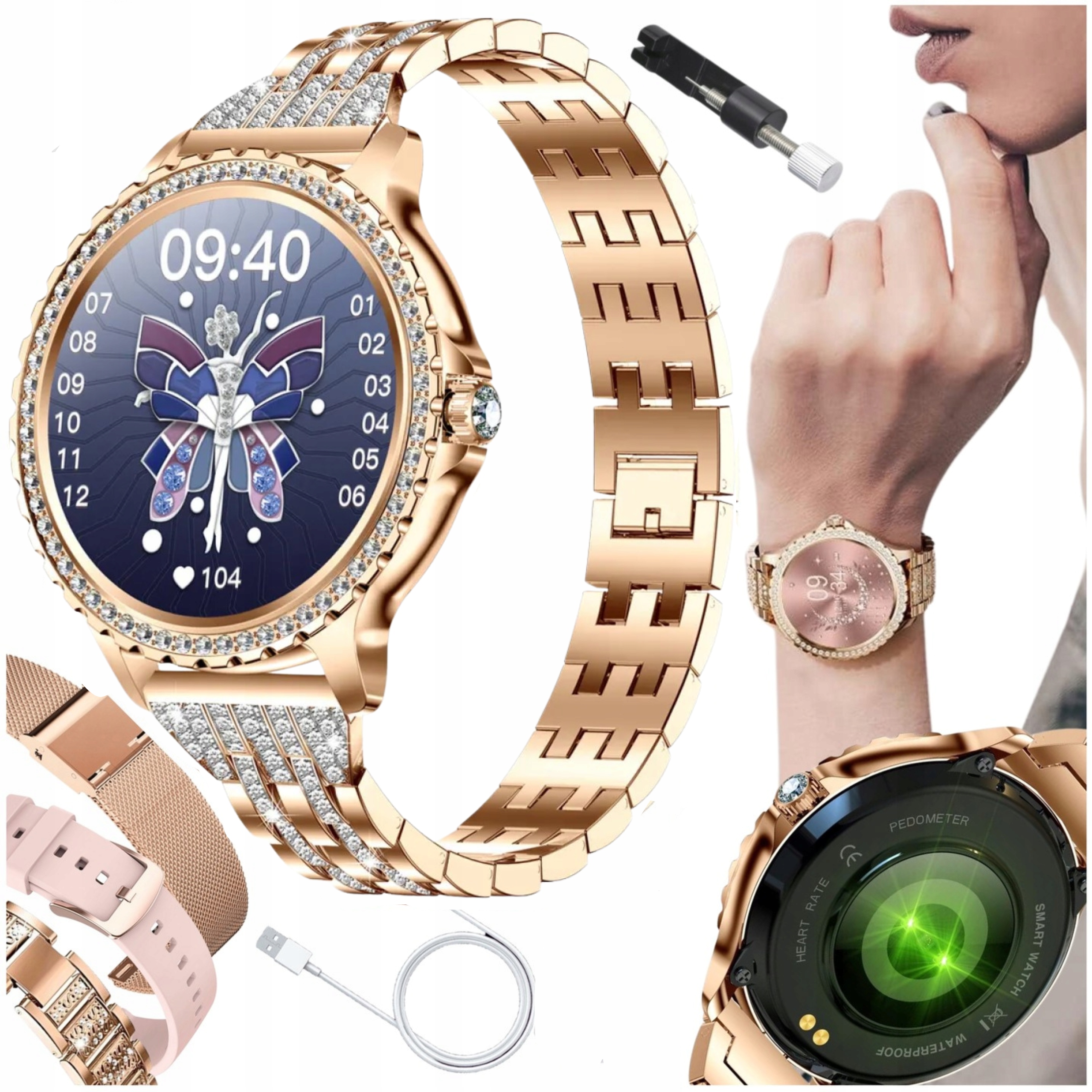 SMARTWATCH DAMSKI DLA KOBIETY ELEGANCKI CYRKONIE ROZMOWY POWIADOMIENIA ...