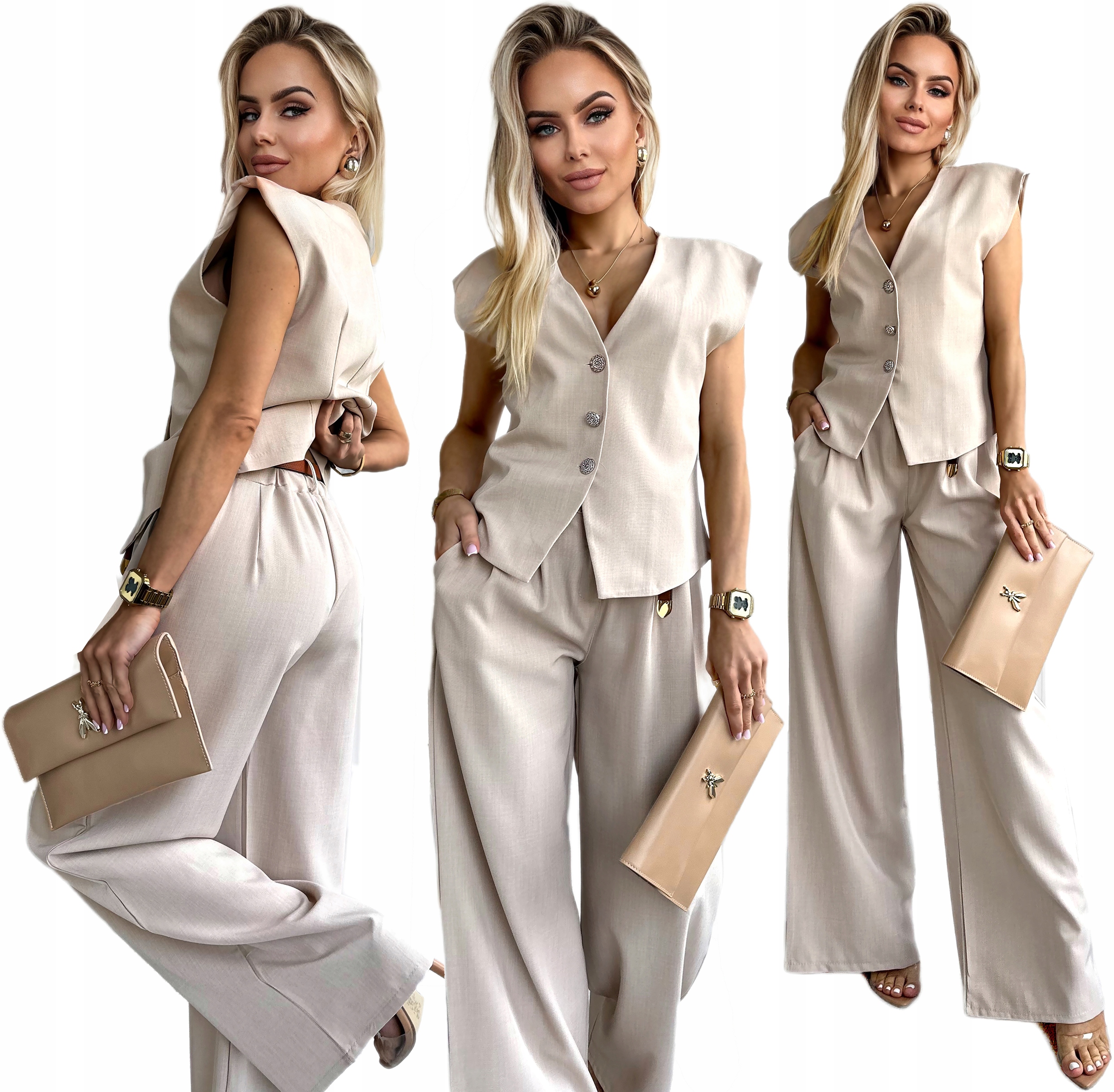 Elegancki stylowy KOMPLET damski taliowana marynarka + szerokie spodnie ...