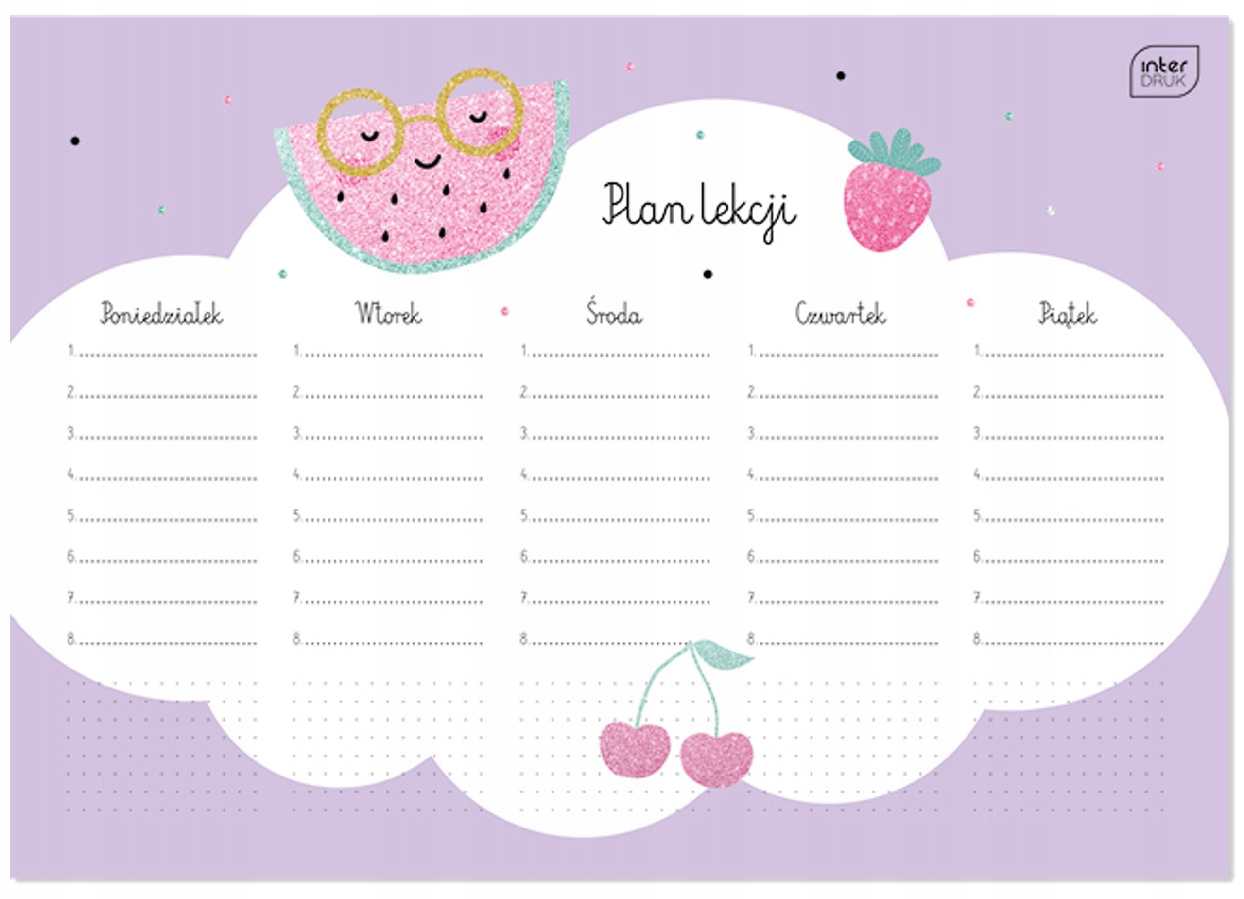 Plan lekcji A4 tygodniowy plan zajęć dziewczęcy 12352989569 - Allegro.pl