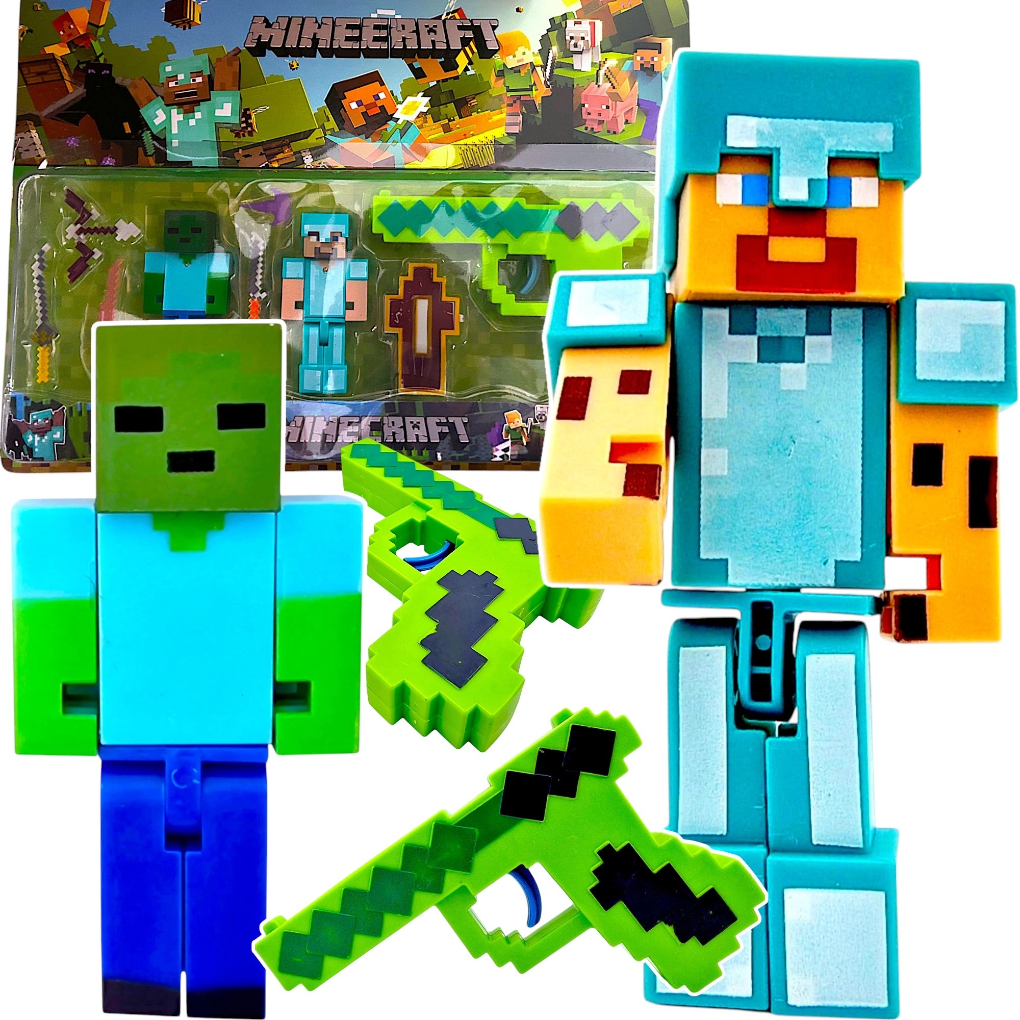 MINECRAFT FIGURKI ZOMBIE DIAMENTOWY STEVE ZESTAW 9w1 PISTOLET AKCESORIA ...