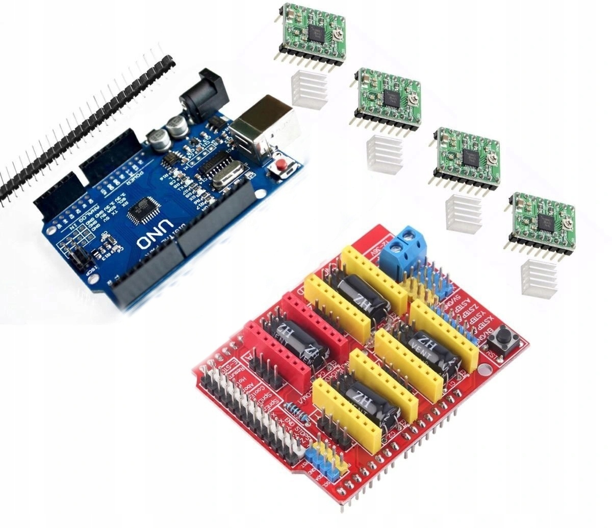 Zestaw CNC Shield V3 + Mikrokontroler UNO R3 + 4 stepstiki A4988 - Sklep, Opinie, Cena w Allegro