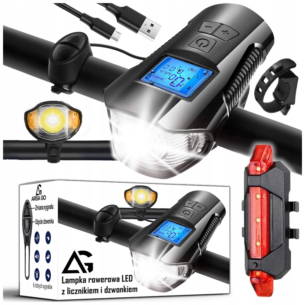 LAMPKA ROWEROWA PRZEDNIA TYLNA LED Z LICZNIKIEM USB LICZNIK DZWONEK ...