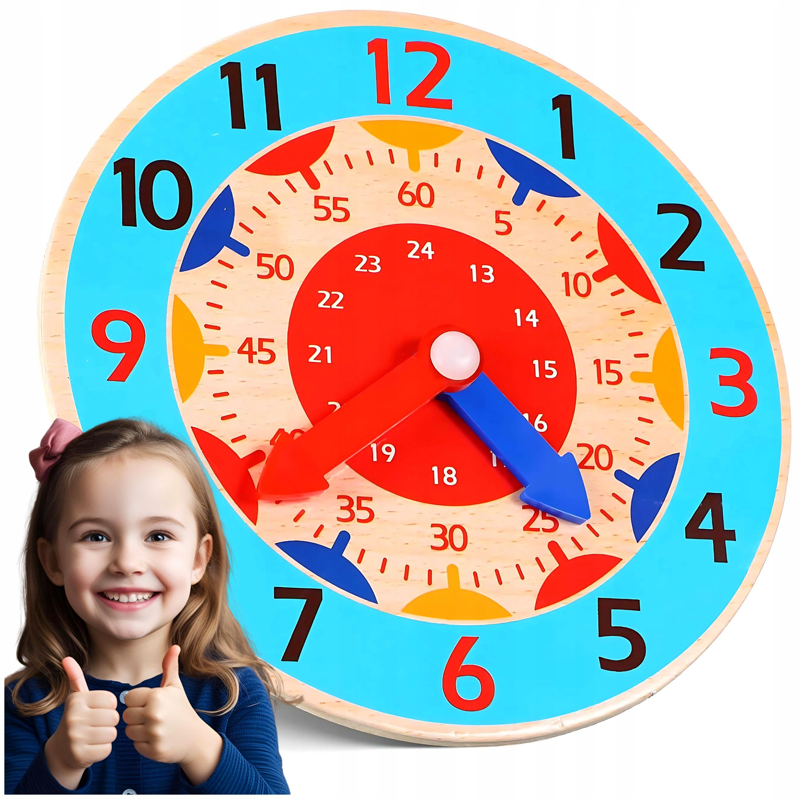 DREWNIANY ZEGAR DO NAUKI GODZIN CZASU DLA DZIECI ZEGAREK EDUKACYJNY 14 ...