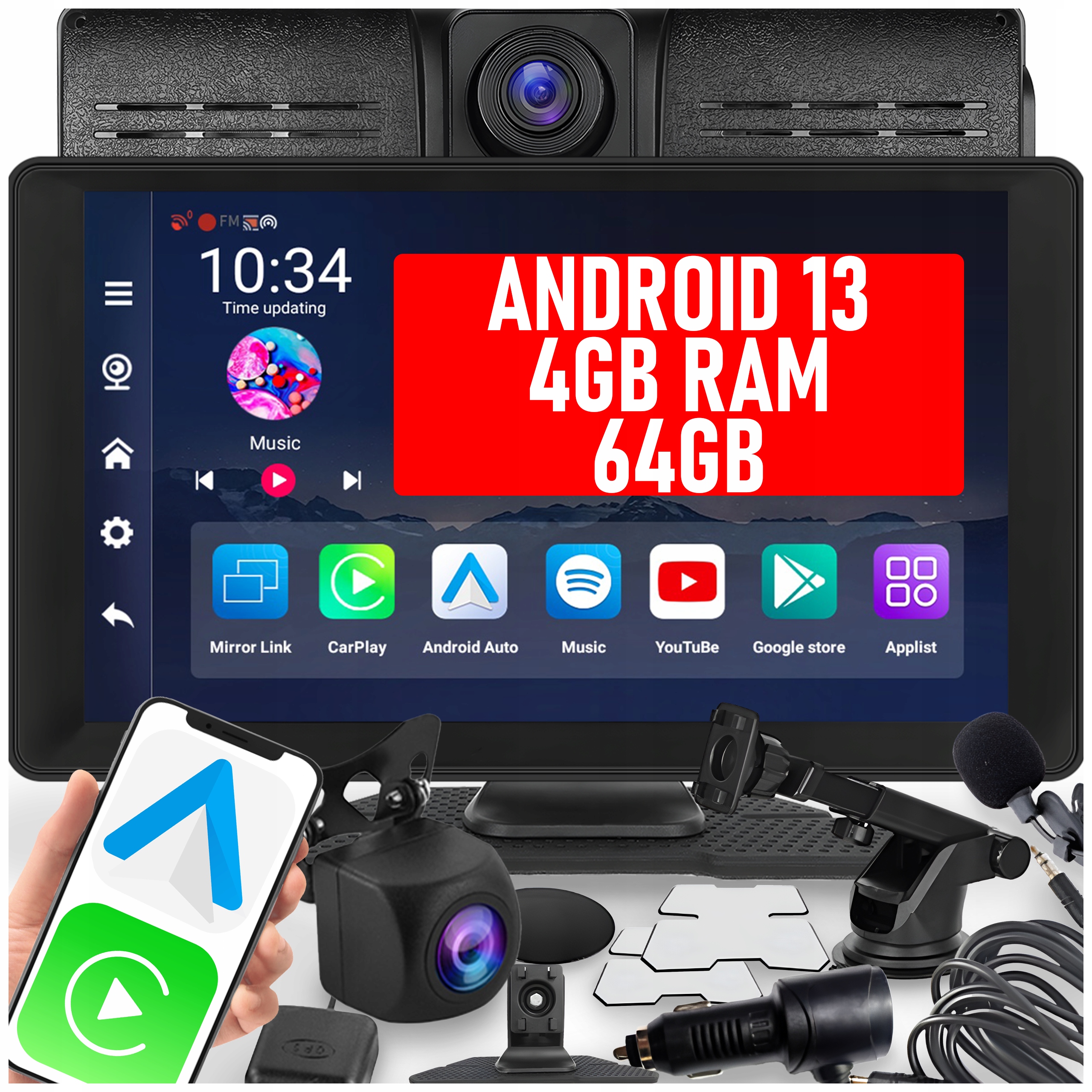 RADIO STACJA MULTIMEDIALNA ANDROID AUTO APPLE CARPLAY ANDROID 13 DVR 4 ...