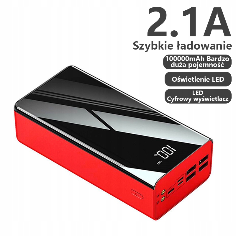 PowerBank 100000mAh 2.1A moc ładowania + światło LED czerwony - Sklep ...