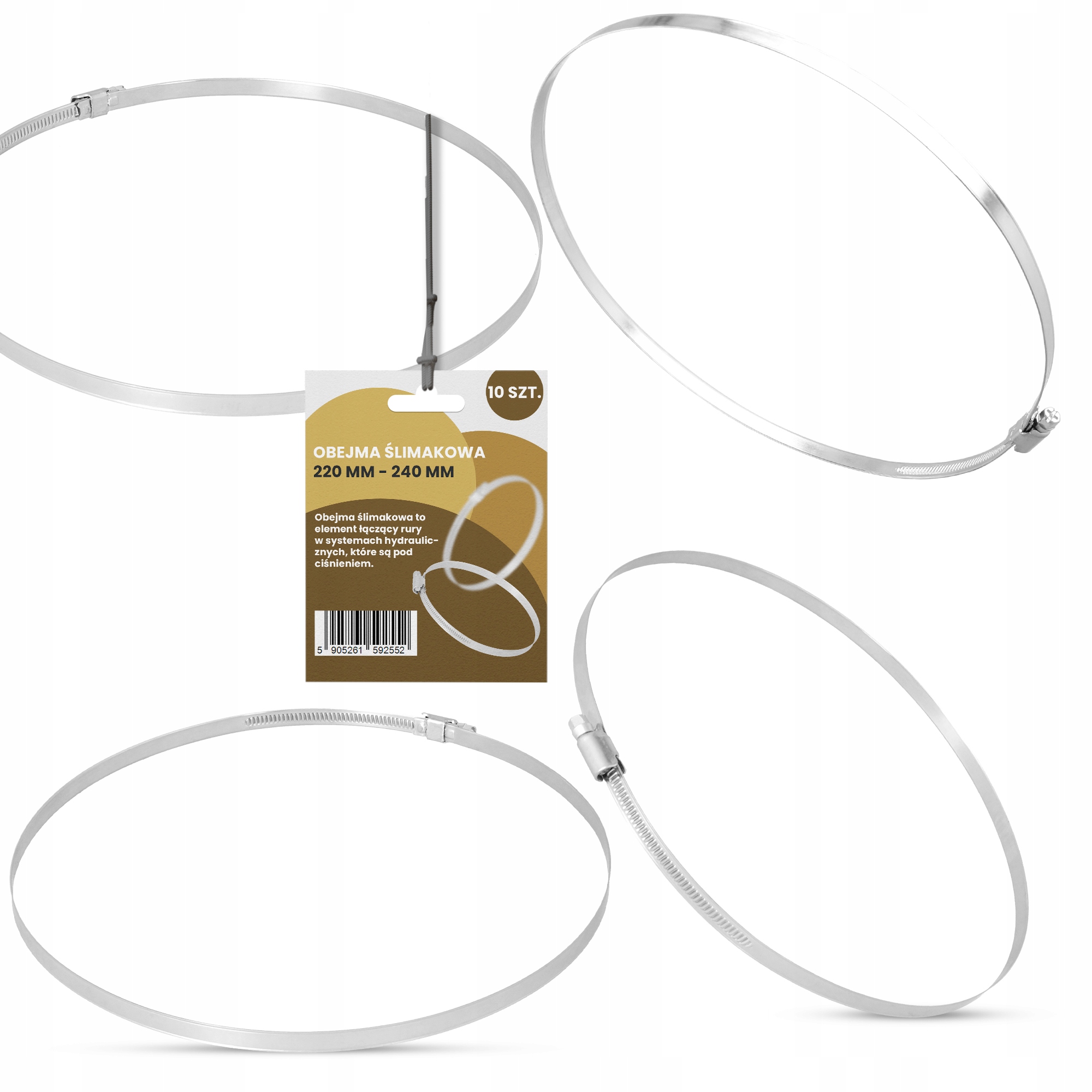 10 x Slimaková objímka SŤAHOVACIA PÁSKA 220-240 mm kovová, SKRÚTENÁ ...