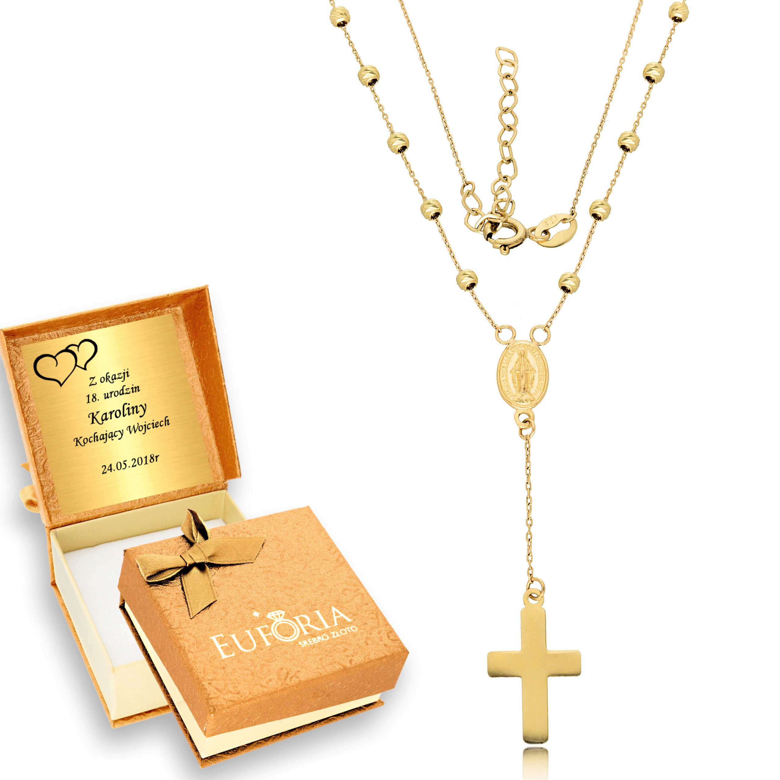 Złoty Różaniec 585 Naszyjnik Komuni Chrzest Grawer 12989158320 - Allegro.pl