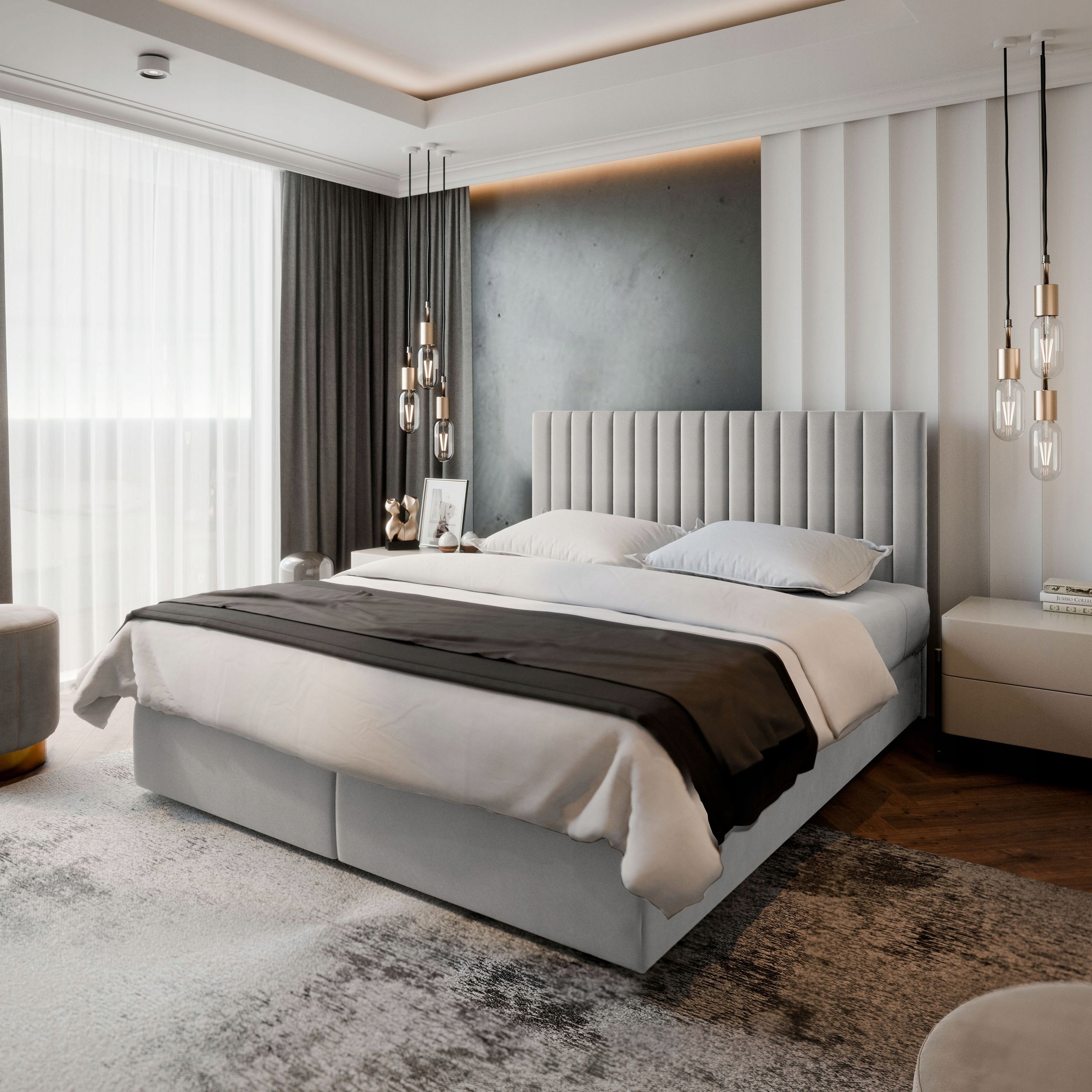 Łóżko podwójne tapicerowane Masseno 160x200 odcienie szarości ...