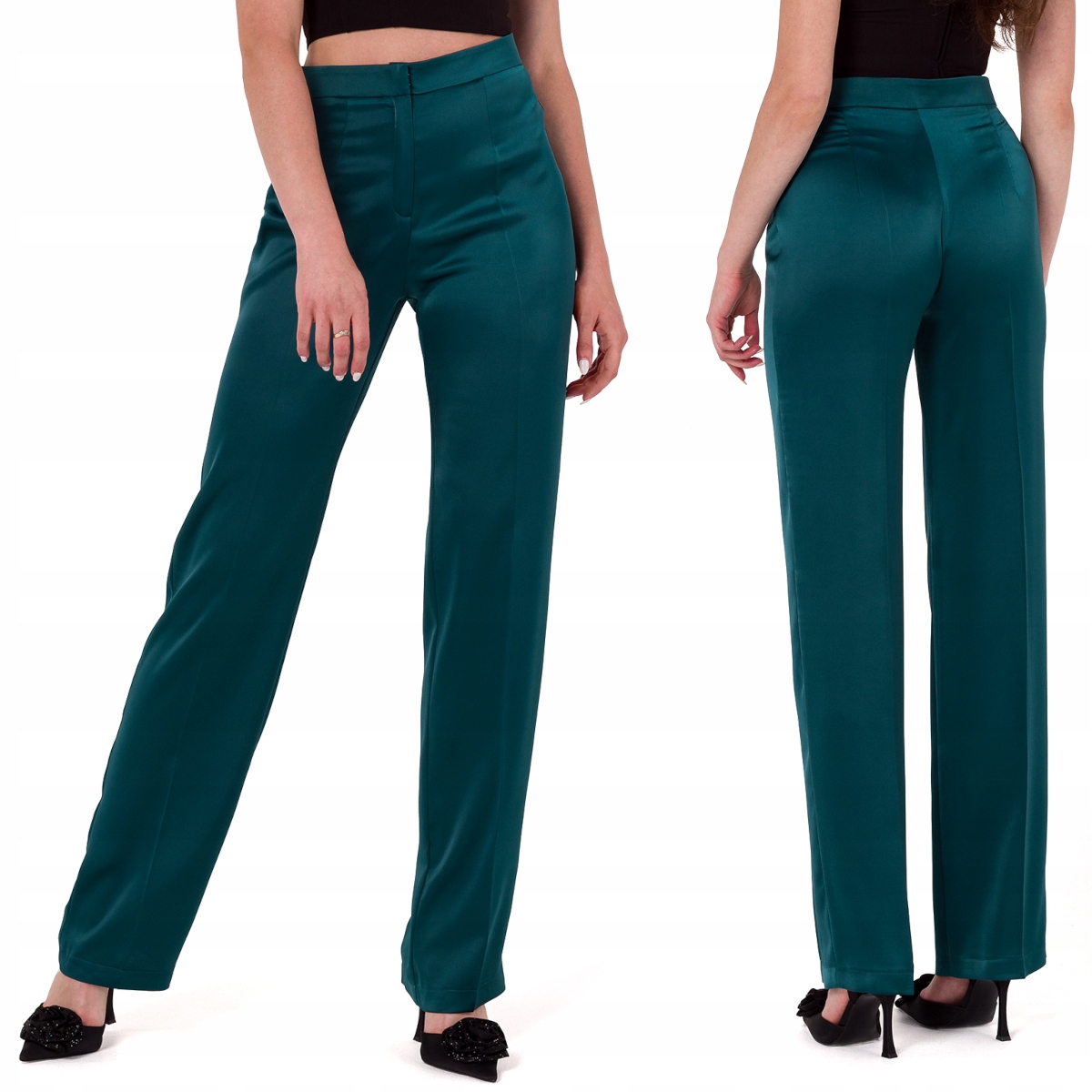 DAMSKIE SPODNIE ELEGANCKIE PROSTE WYSOKI STAN SATYNOWE ZIELONE 38 M ...