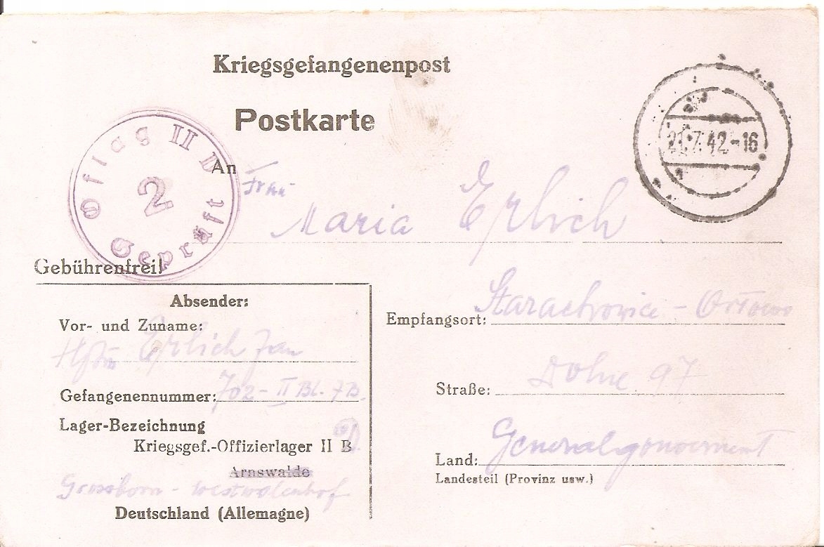 OFLAG II D -GROSS-BORN -obieg 1942 do STARACHOWICE ORŁOWO -GG -karta ...