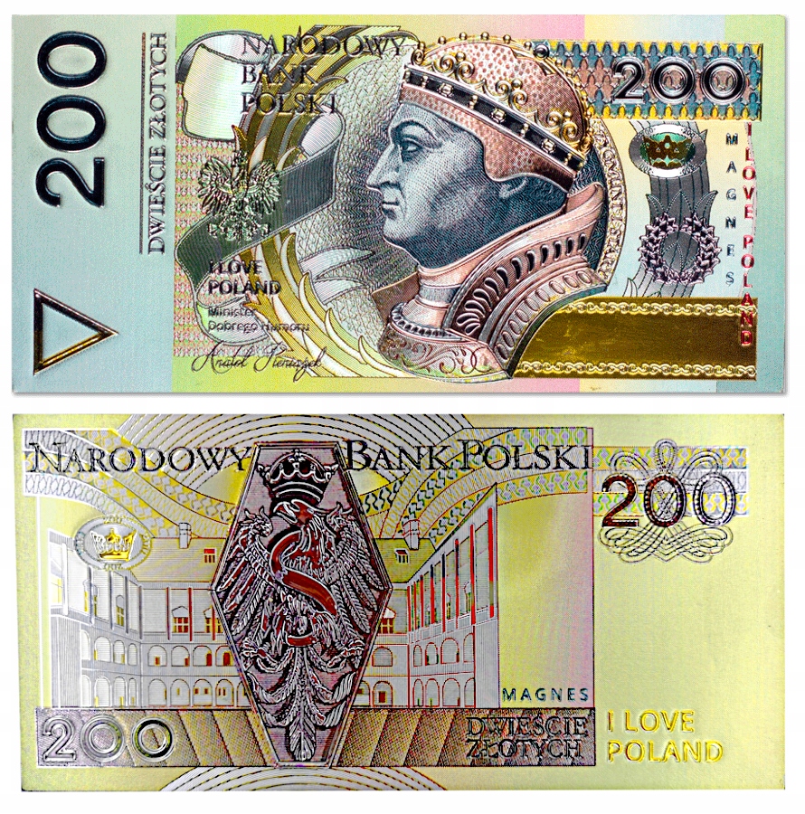 MAGNES BANKNOT 200 ZŁ NA LODÓWKĘ POLSKI ZŁOTY PIENIĄDZE GOTÓWKA WALUTA ...