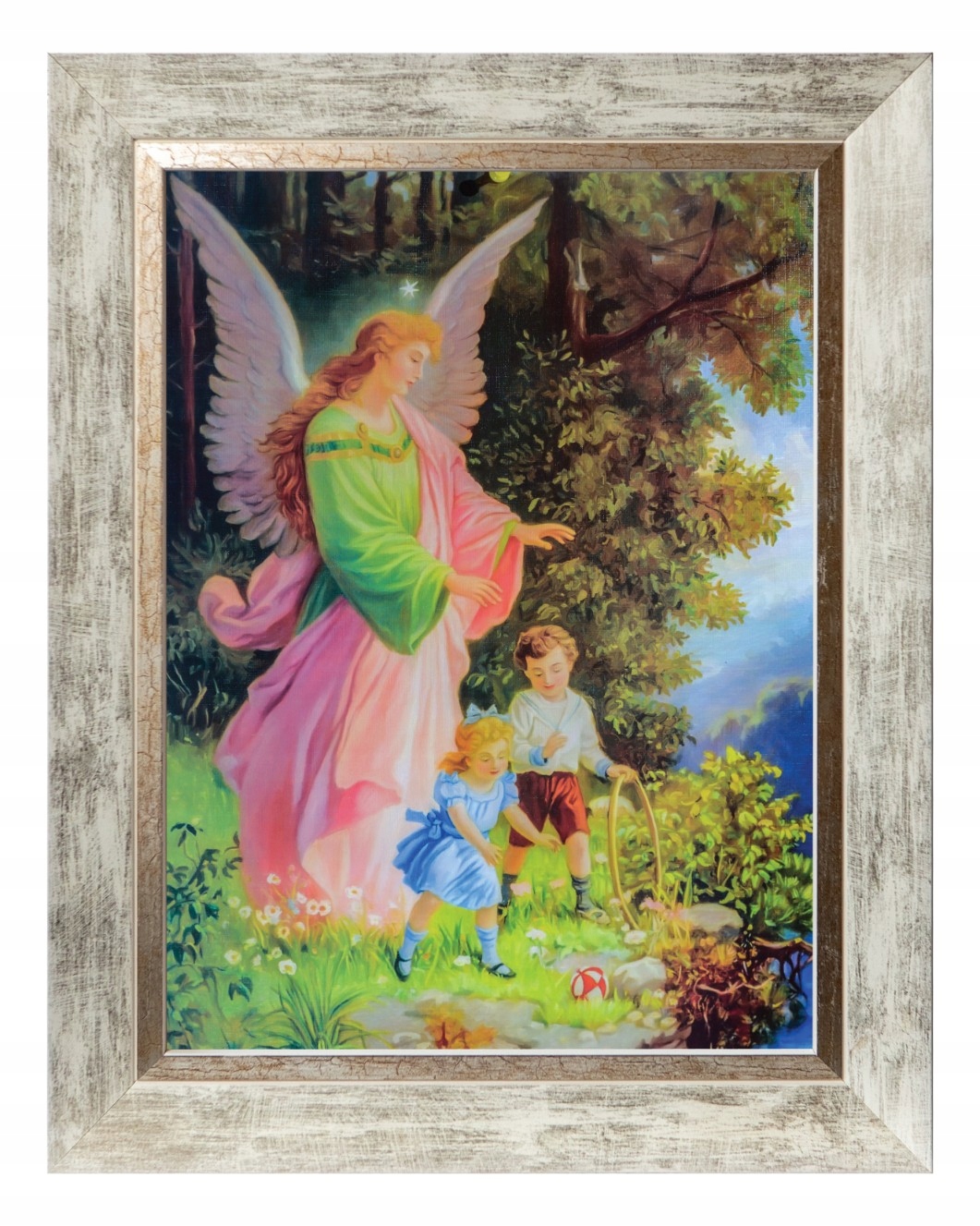 ANIOŁ STRÓŻ Z DZIEĆMI | OBRAZ SAKRALNY W BIAŁEJ OZDOBNEJ RAMIE 30X40 ...