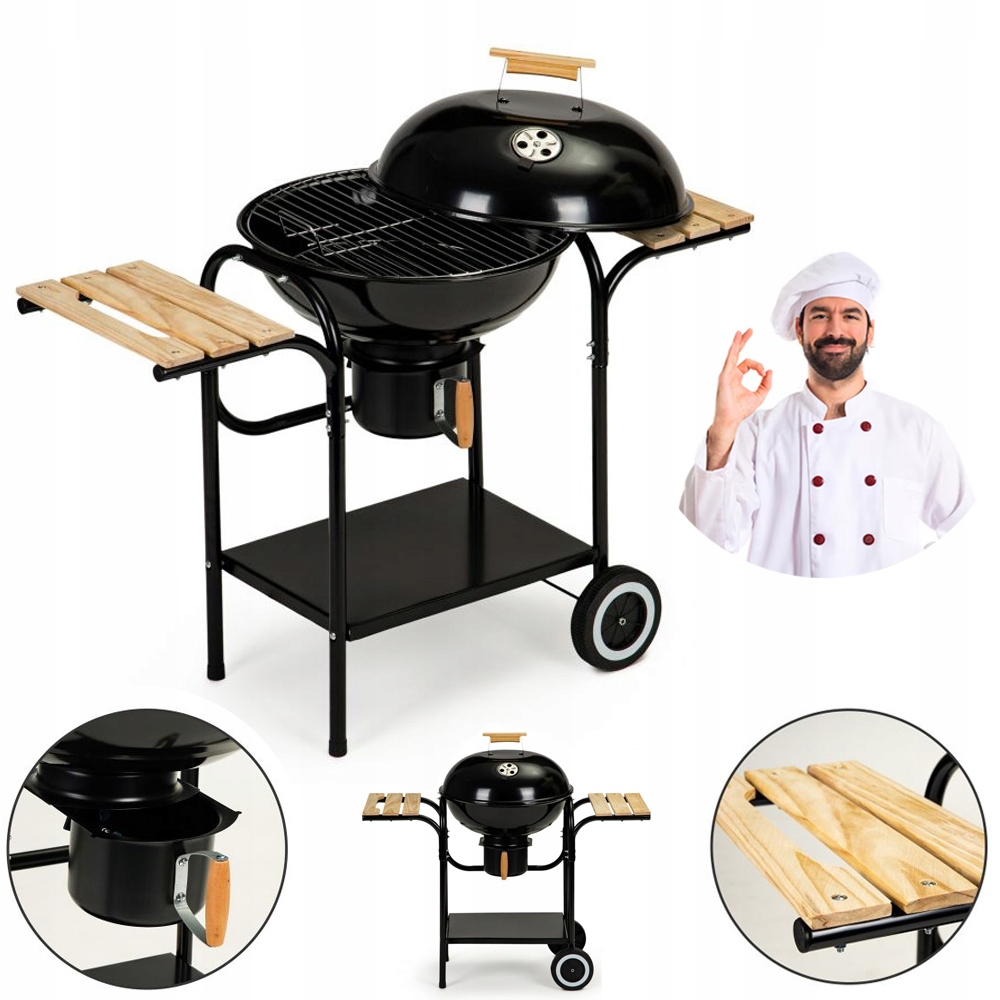 GRILL OGRODOWY WĘGLOWY Z POKRYWĄ I PÓŁKAMI RUSZT POPIELNIK PÓŁKI ...