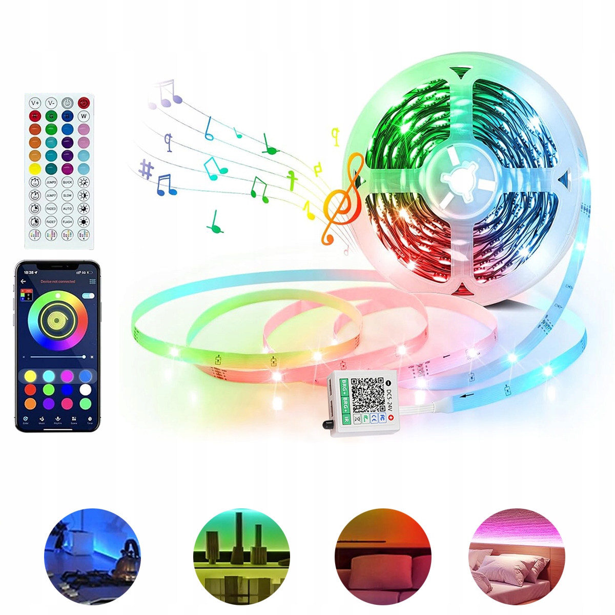 TAŚMA LED RGB LEDY 10M 24V KOLOROWE NA PILOTA Z ZASILACZEM APLIKACJA ...