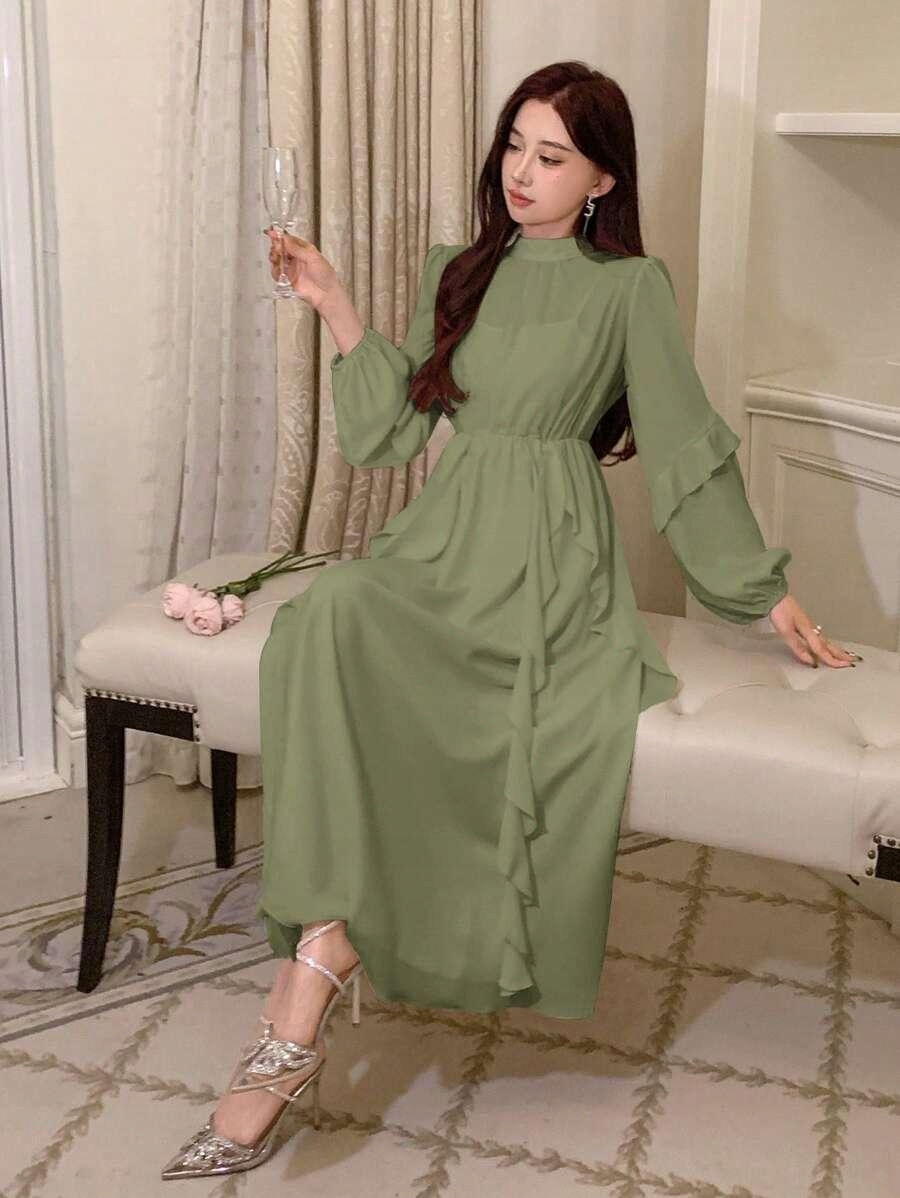 TALIOWANA ZIELONA SUKIENKA PROSTA STÓJKA SIATECZKOWA FALBANA DAZY M • Cena, Opinie • Sukienki ...