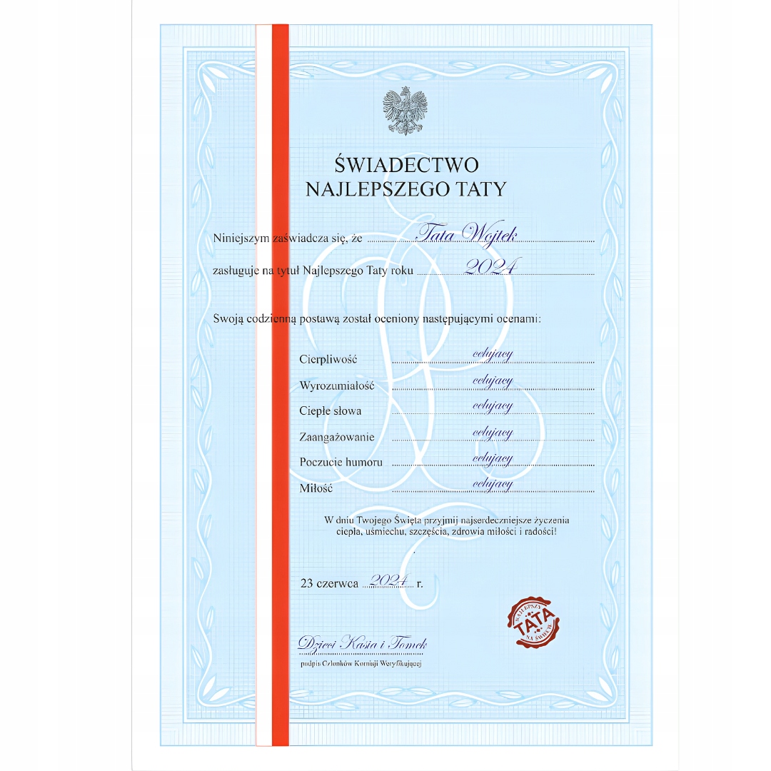 ŚWIADECTWO A4 dla NAJLEPSZEGO TATY Dzień Ojca PREZENT DYPLOM szkolny A4 ...
