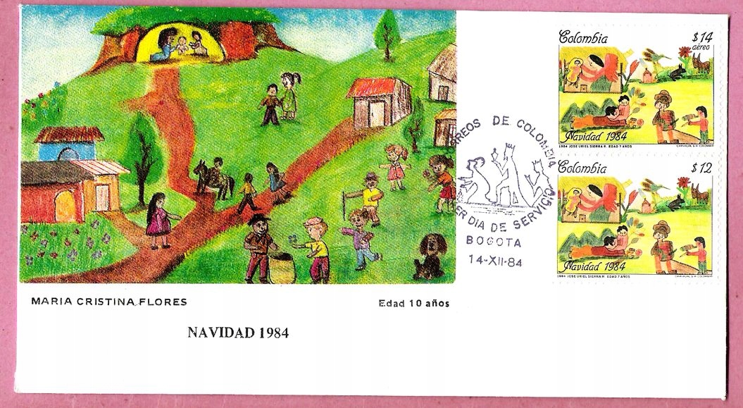 Kolumbia 1984, FDC Chistmas, rysunki dzieci • Cena, Opinie - Allegro