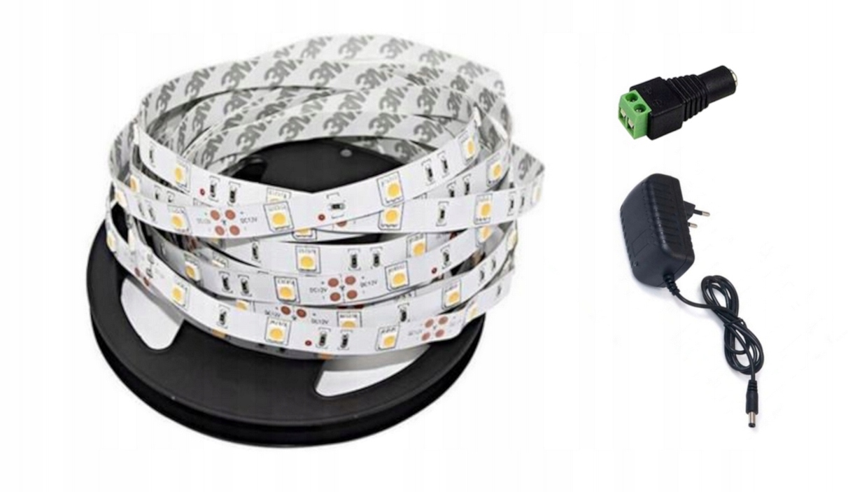 TAŚMA LED ZESTAW BARWA CIEPŁA MOC 4,8W + ZASILACZ + ZŁĄCZKA DC ...