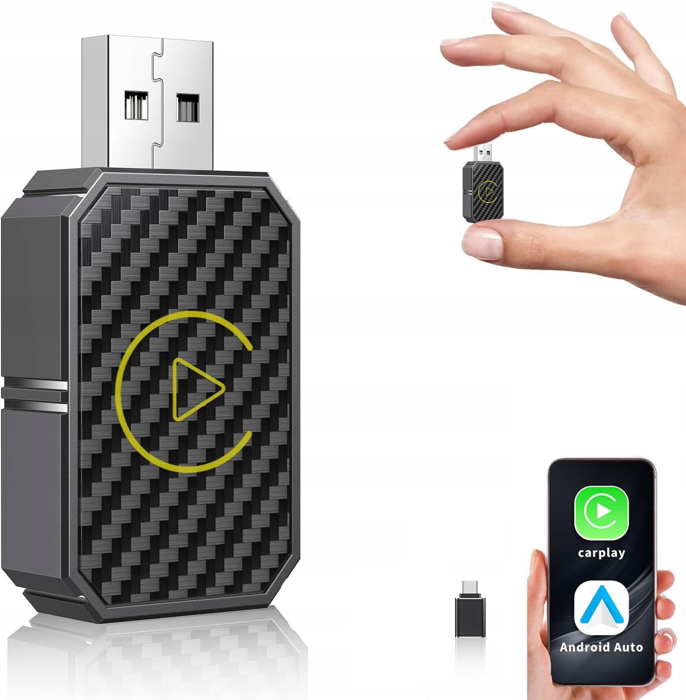 BEZPRZEWODOWY ADAPTER ANDROID AUTO CARPLAY 2 W 1 PLUG AND PLAY MINI CAR ...