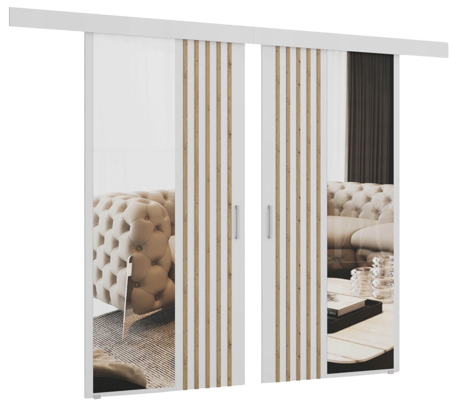 Drzwi przesuwne dwuskrzydłowe naścienne z lamelami i lustrem RIVI ...