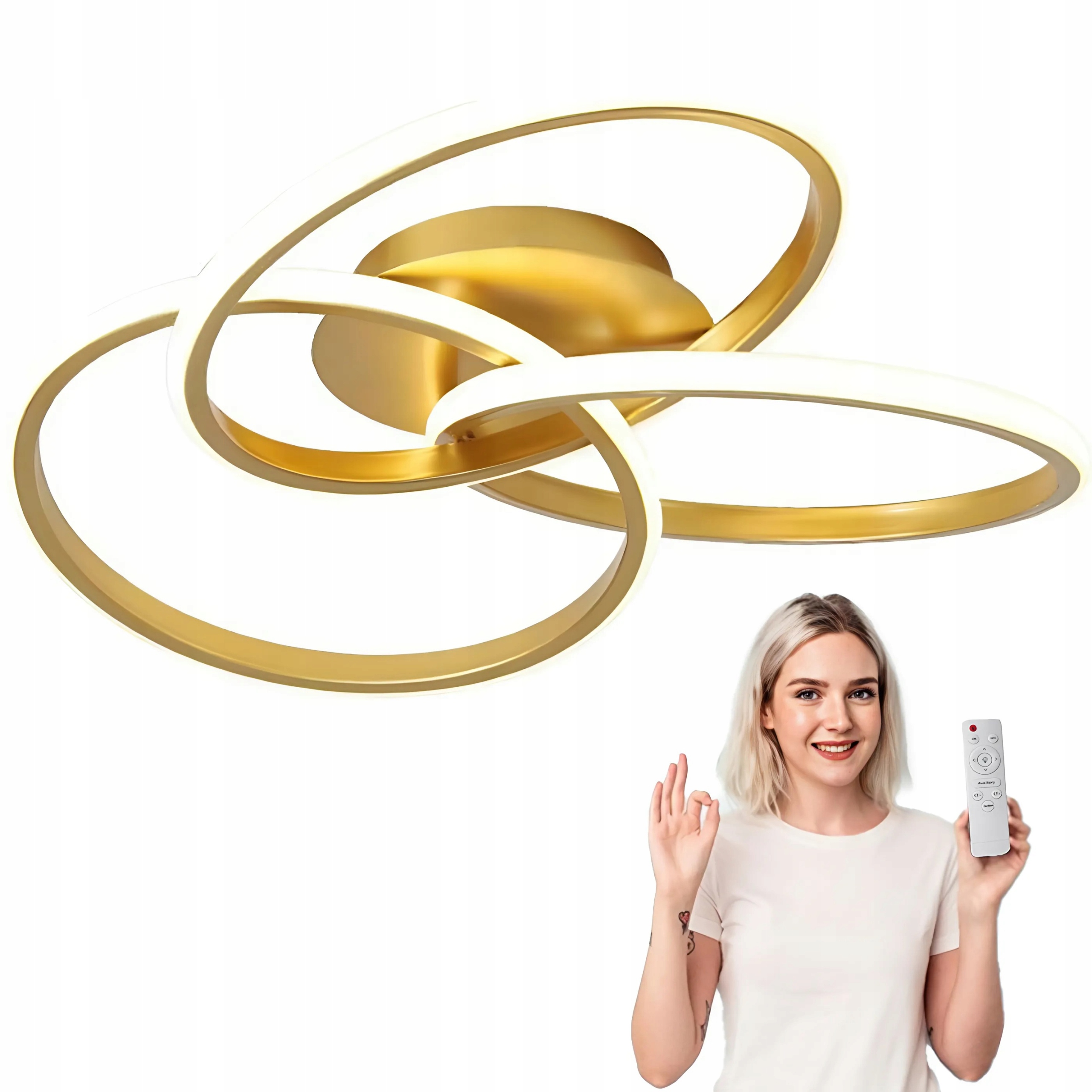 LAMPA SUFITOWA LED ZŁOTA GOLD PLAFON LOFT 42CM, ŻYRANDOL + PILOT 3 ...