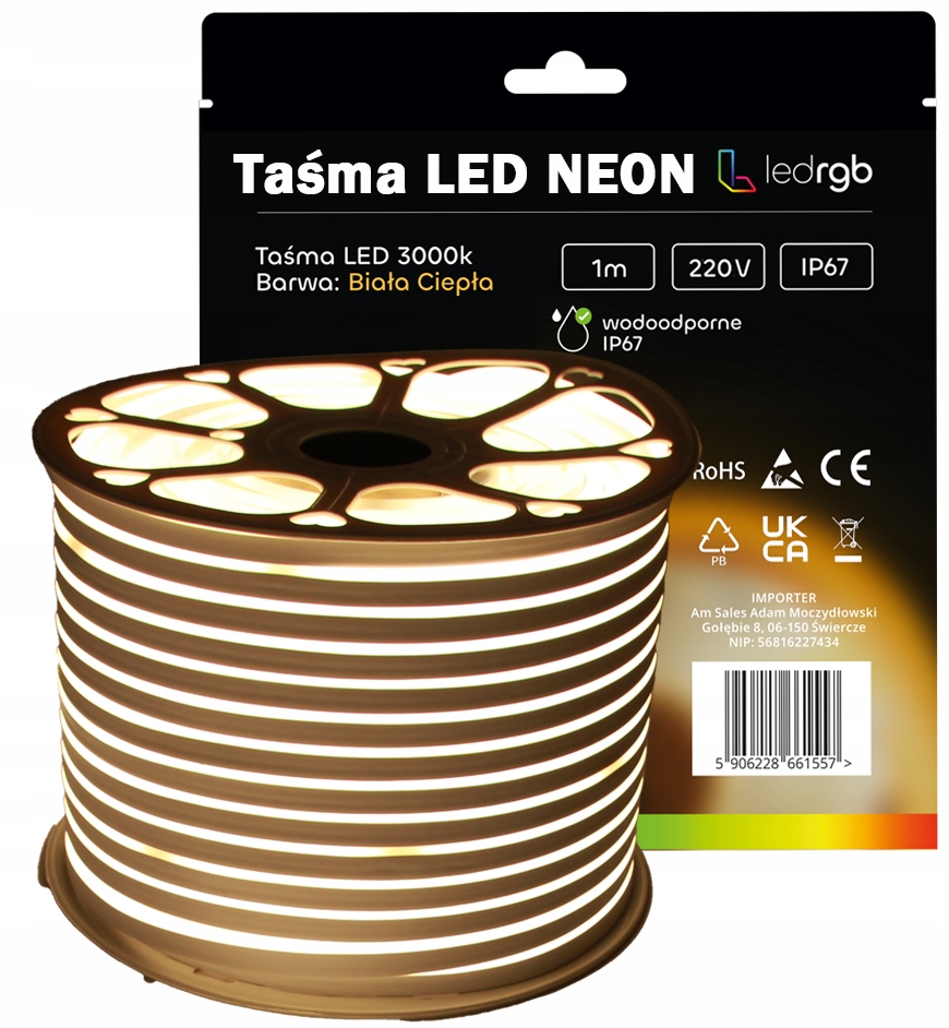 Taśma LED NEON 2835 220V 230V 1m 3000K BIAŁA CIEPŁA WODOODPORNA IP67 ...