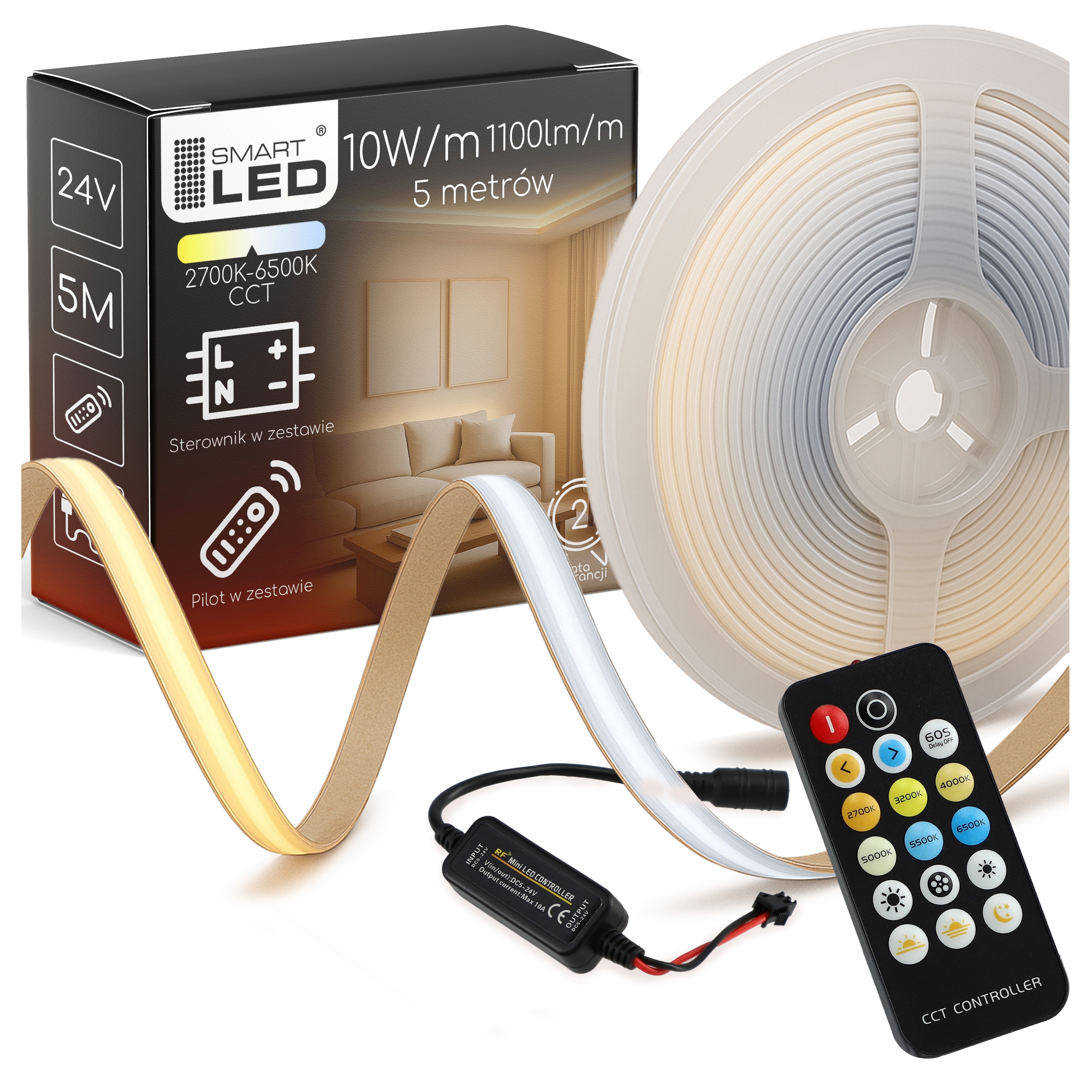 Taśma LED COB 24V 5M Neon 1100lm/m CCT 2700-6500K Zestaw Pilot ...