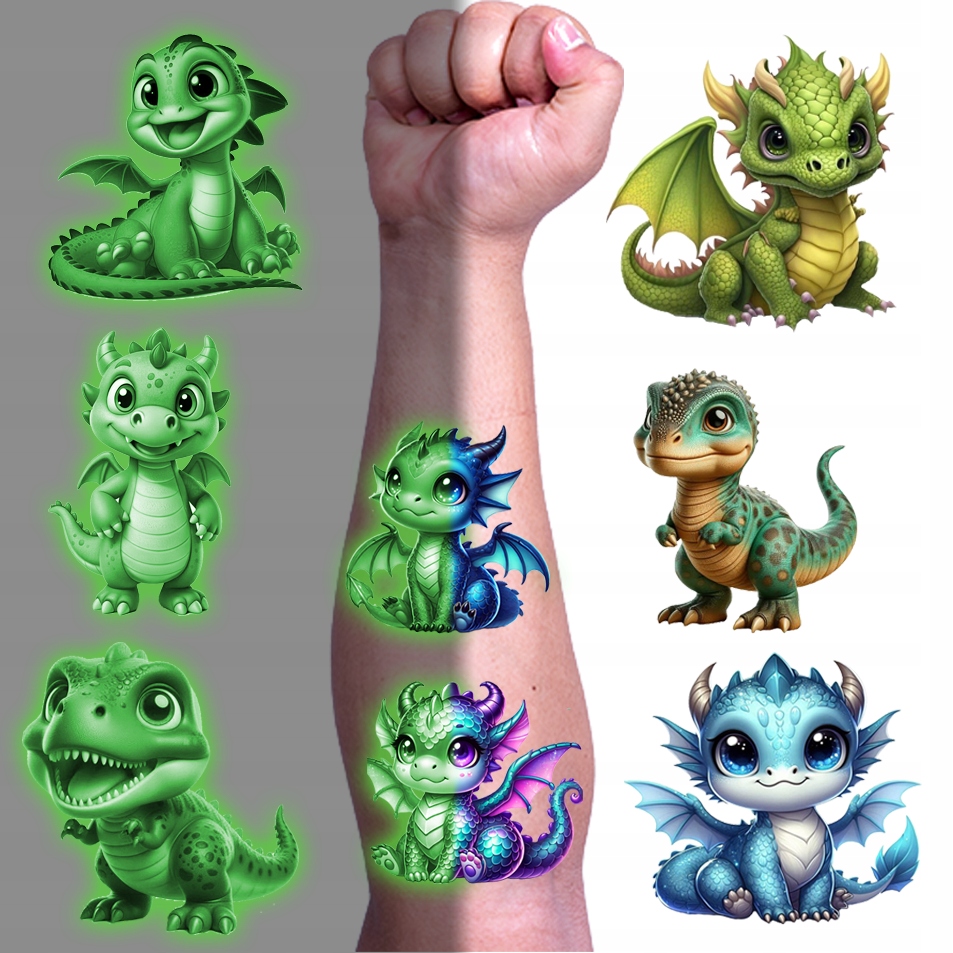TATUAŻE ŚWIECĄCE W CIEMNOŚCI DINOZAURY DINO SMOKI ZMYWALNE DLA DZIECI ...