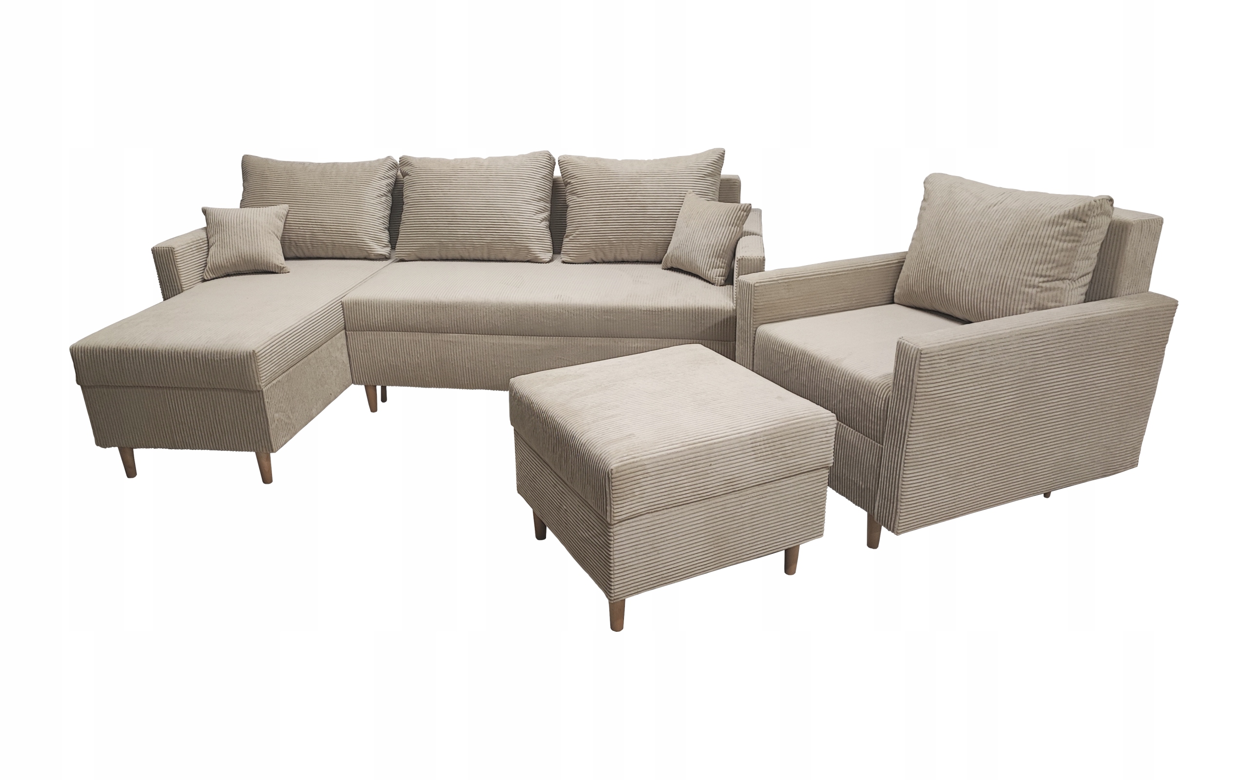 ŠKANDINÁVSKY SEDACÍ SET, ROZKLADACÍ ROHOVÝ GAUČ, KRESLO, TABURET ...