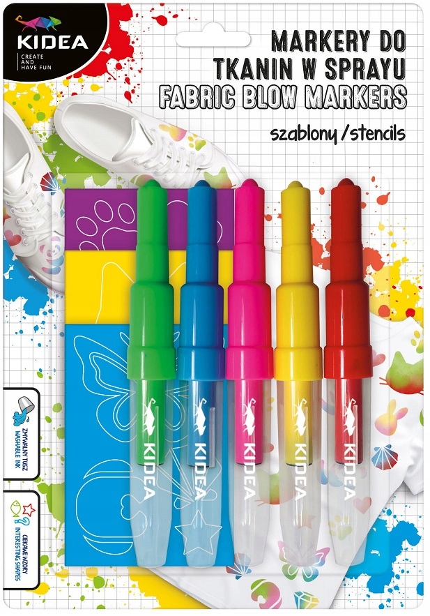 FIXY NA TEXTIL VE SPREJI ŠABLONAMI 6 BAREV KIDEA ŠABLONY za 61 Kč - Allegro