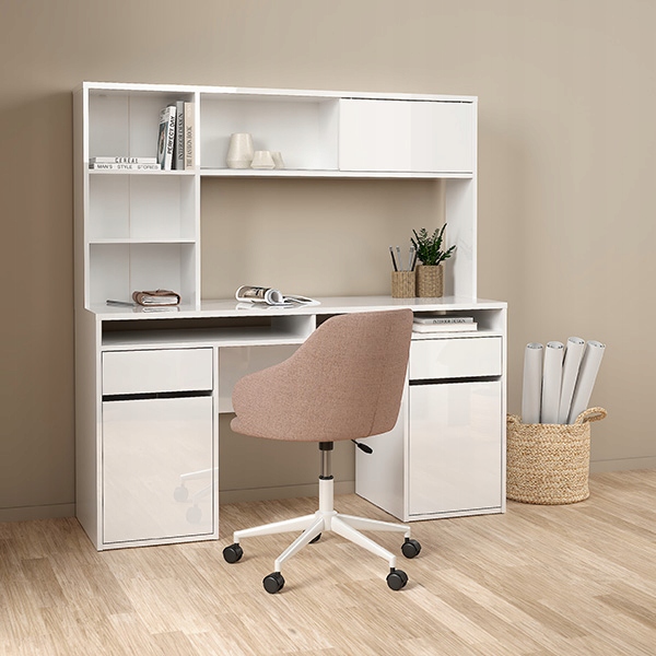 Biurko z nadstawką FUNCTION PLUS 149 cm 2 szuflady 2 drzwi biały połysk ...