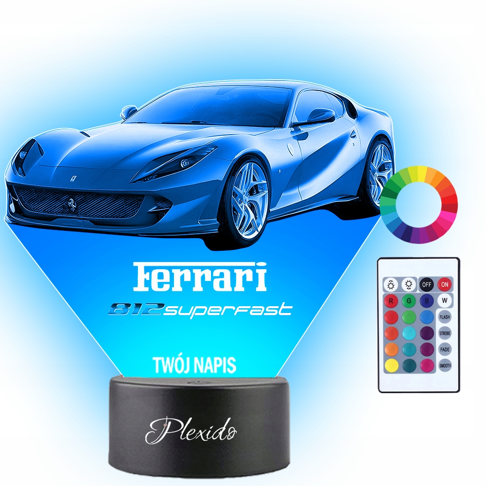 Lampka Nocna LED 3D Ferrari 812 Superfast Samochód Twój Napis Imię ...